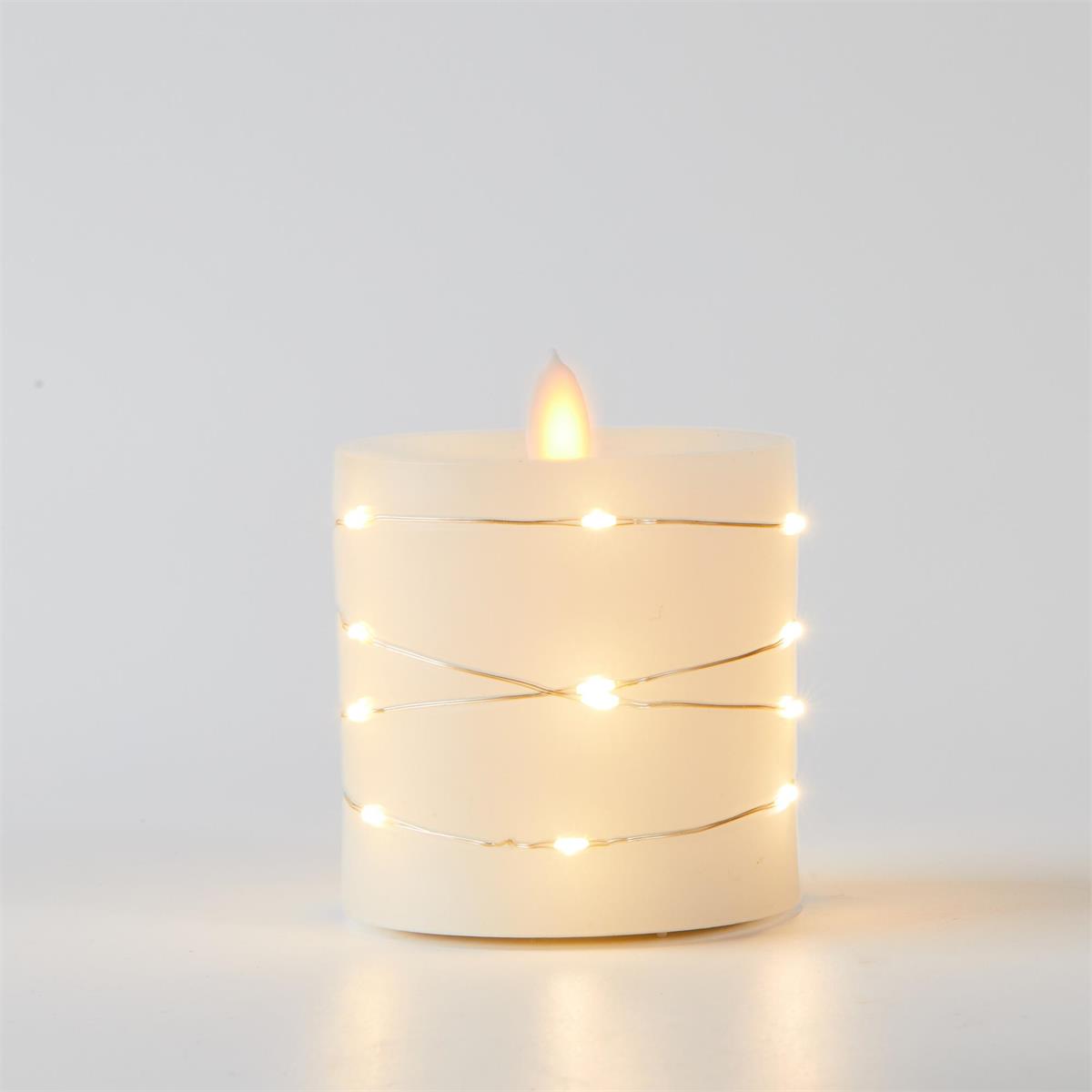 Deco Lite LED Pillar w/String Lights,3x3.1",White Wax, Color Box