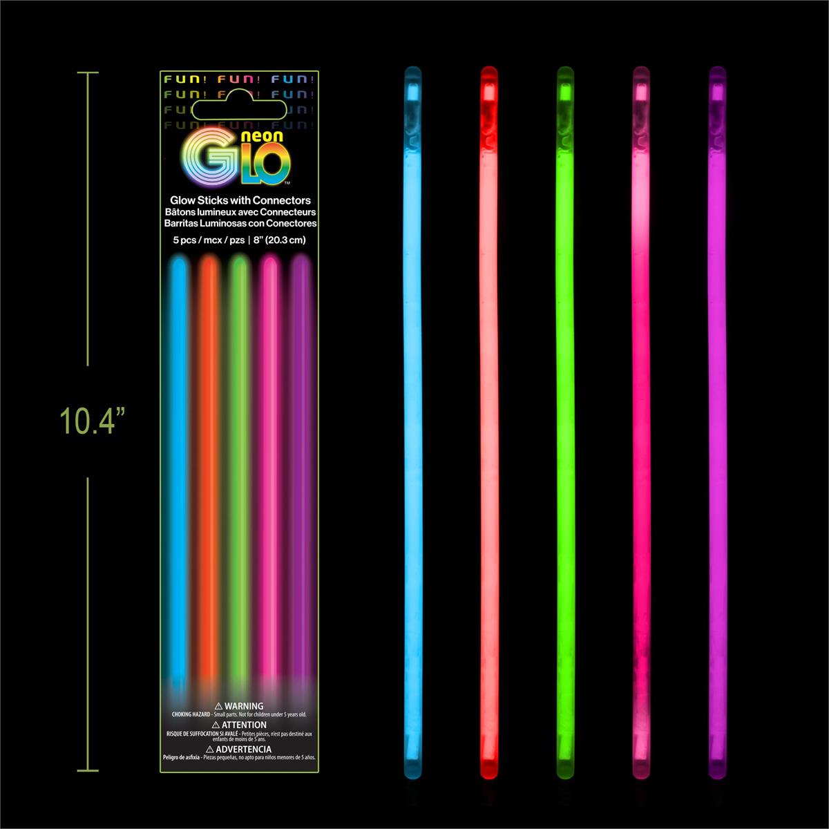 Neon Glo, Asst Neon, 5 pack 8" Glow Sticks with Connectors, Foil Pack