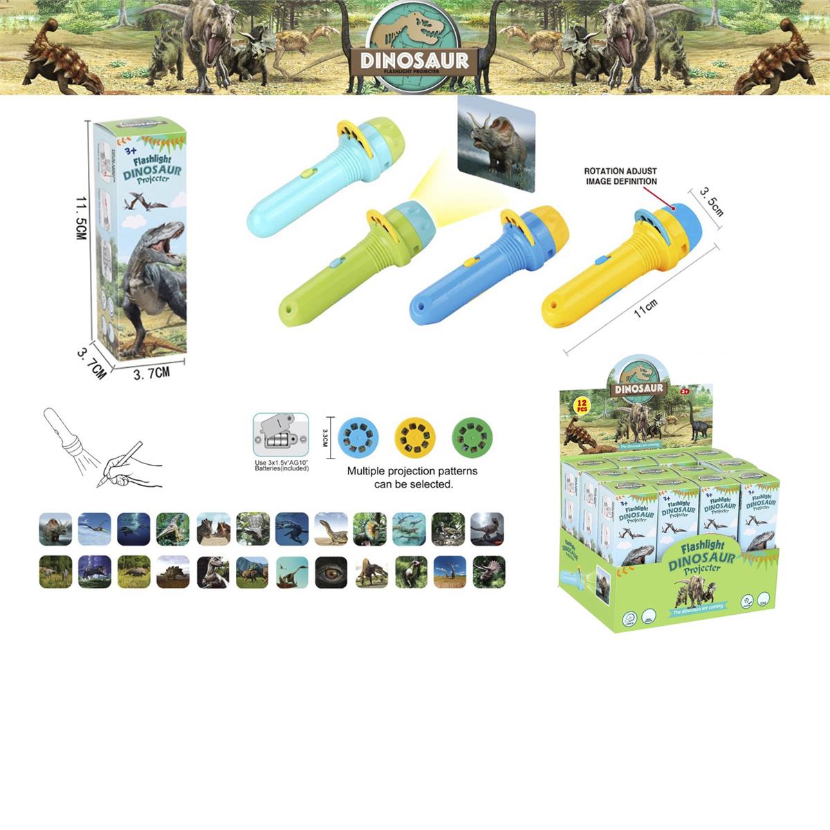 Dinosaur Flashlight & Projectors w/3 discs, 4c, 12pcs/dsp