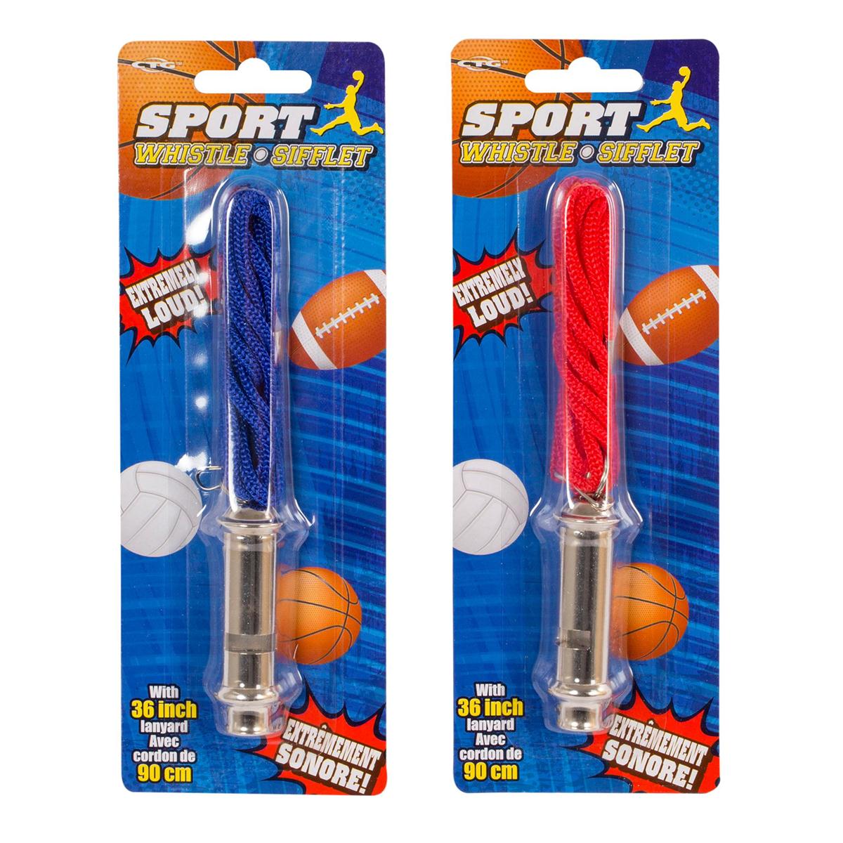 Metal Whistle w/ Cord, 2 styles, 2 colors (Blue and Red), b/c