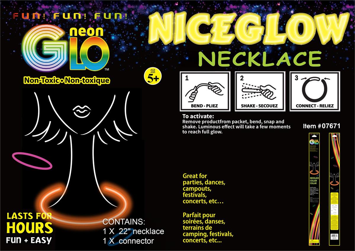 Neon Glo One-piece 22" Necklace, 5 col., foil pack, 48/dsp, (HZ)