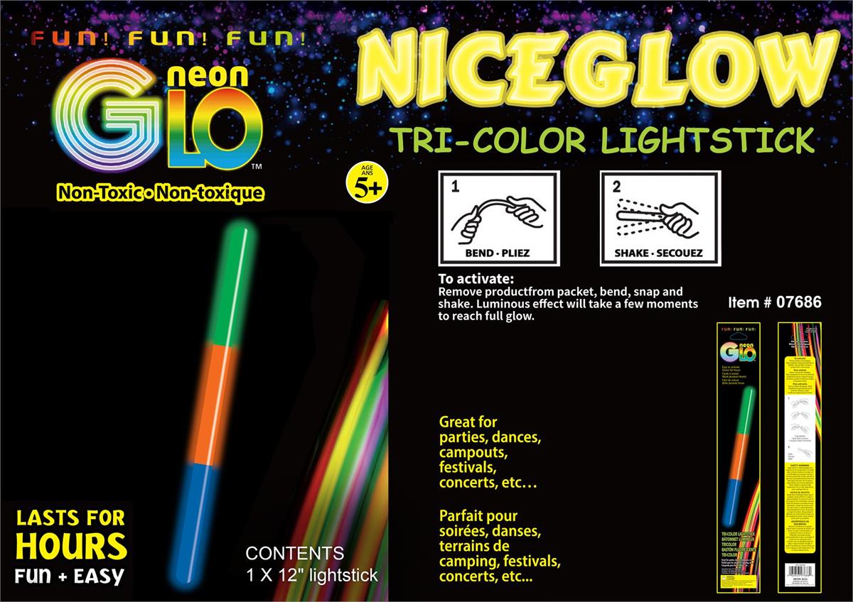 Neon Glo 12" Tri-colour Glow Stick, foil bag, 24/dsp, (HZ)