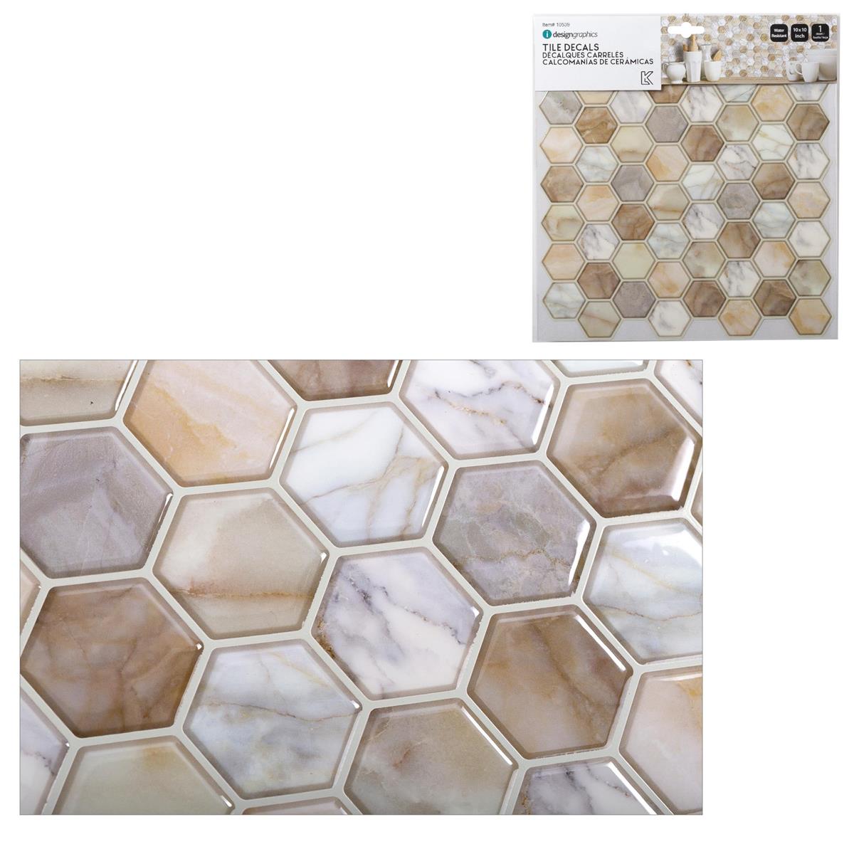 iDesign Wall Decals, Hexagon Tile, Natural Marble, 10" x 10", PBH