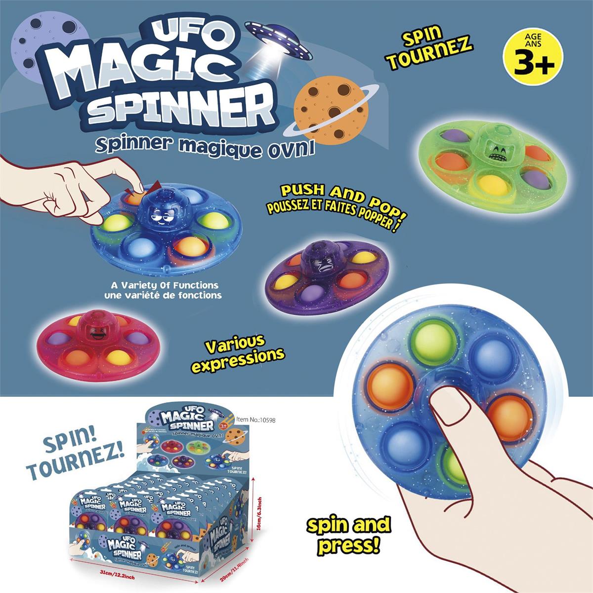 3" UFO Magic Fidget Spinner, 4 Asst. Col., 24pcs/dsp