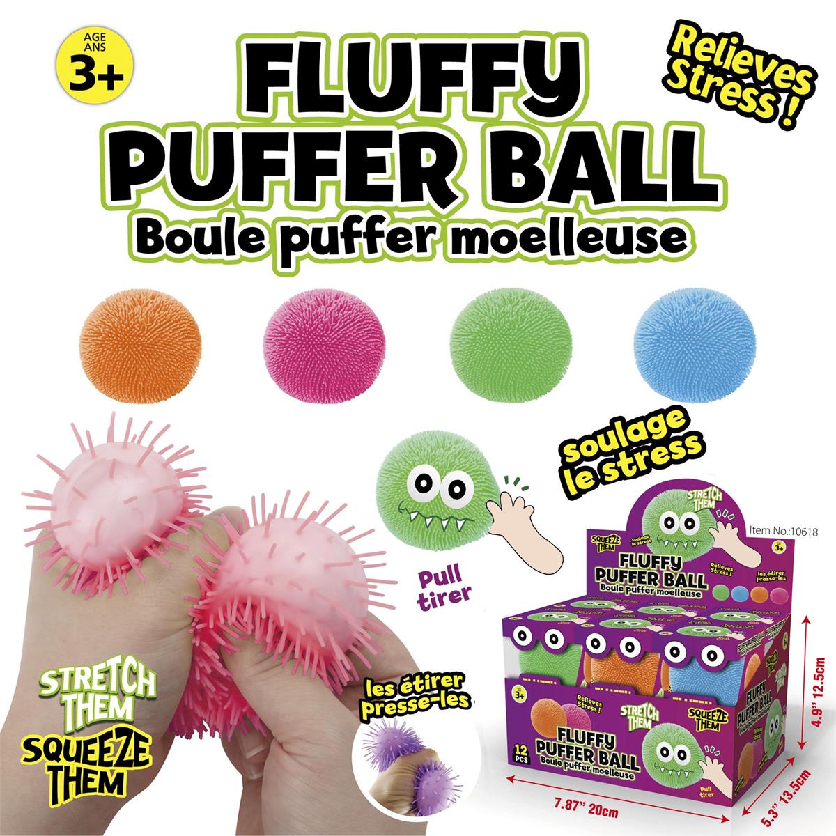 Fidget Fluffy Puffer Ball, 4 Col., 12pcs/dsp