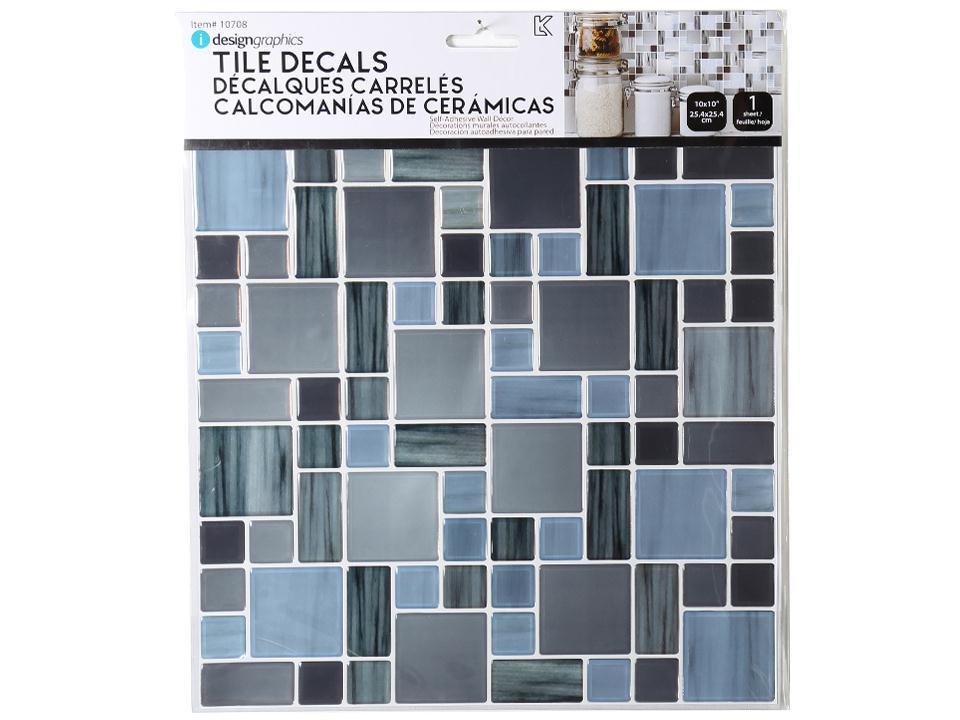 iDesign Wall Decals, Multi Squares Tile, GreysBlues, 10"x10", PBH*