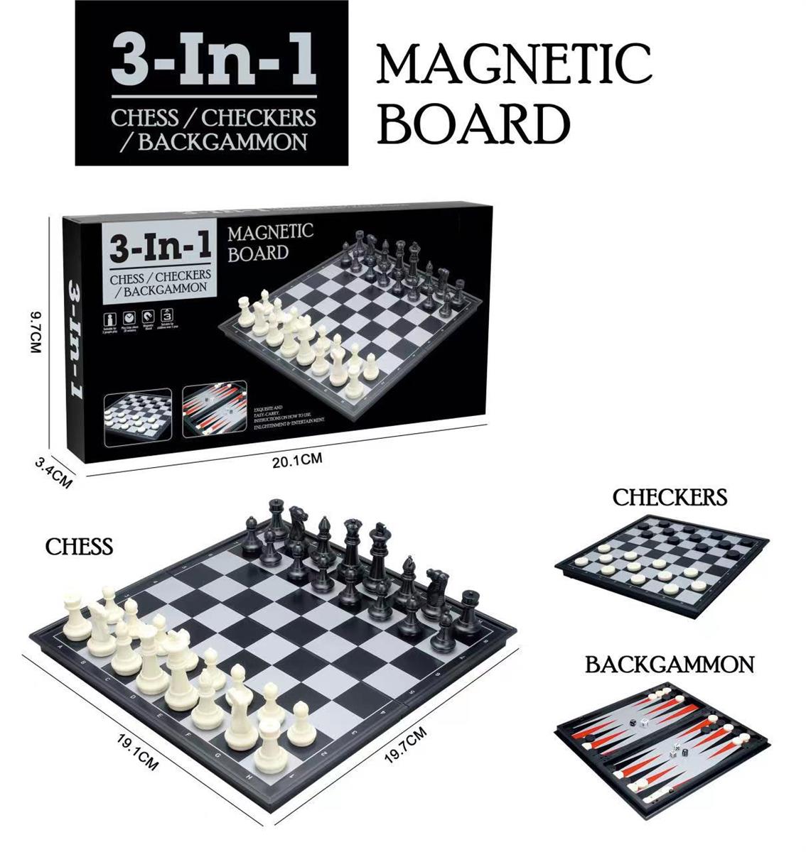 3 in 1 Chess/Checkers/Back Gammon Game w/Magnetic Board, cbx