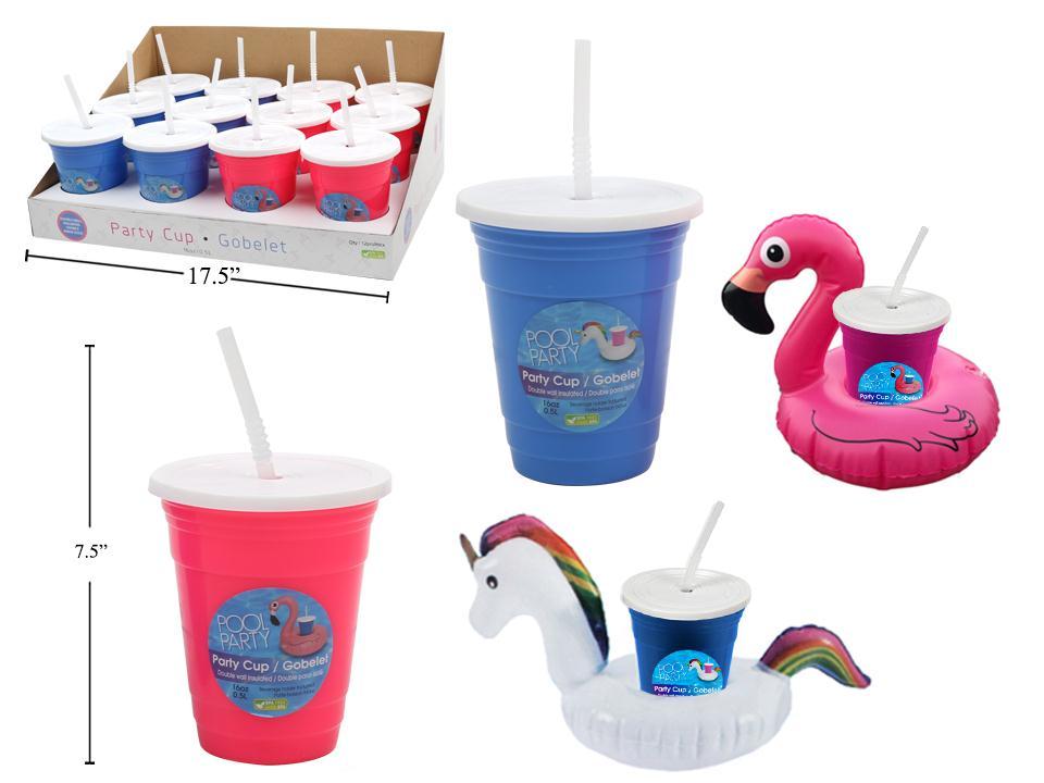 Pool Party 16oz. Tumbler w/Inflat. Beverage Holder w/Lid, 12/PDQ, 2/s