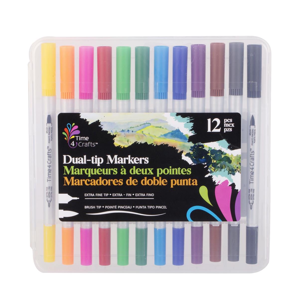 T4C, 12-pc Dual-Tip Brush Markers, clear case w/sticker