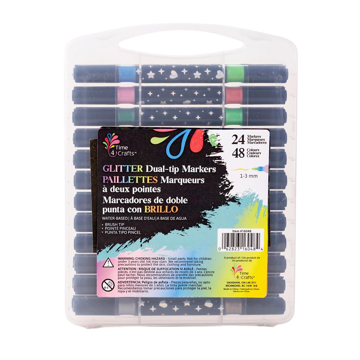 T4C, 24-pc 2-Tone Glitter Brush Markers, 48-col, dual-tip, clear case w ...
