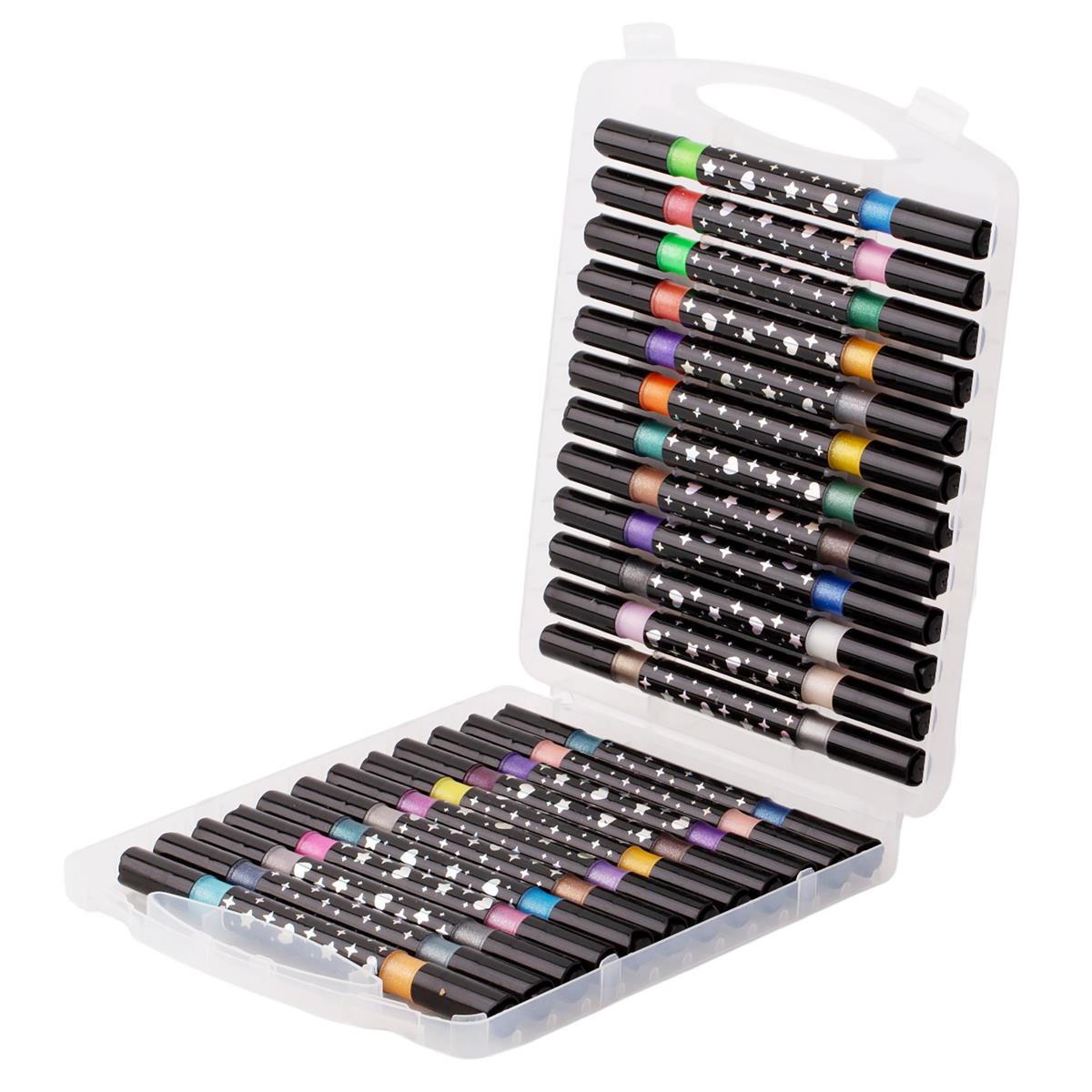 T4C, 24-pc 2-Tone Glitter Brush Markers, 48-col, dual-tip, clear case w ...