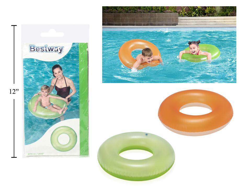 30"Dia. Inflatable Frosted Neon Swim Ring, 2/c, polybag w/insert