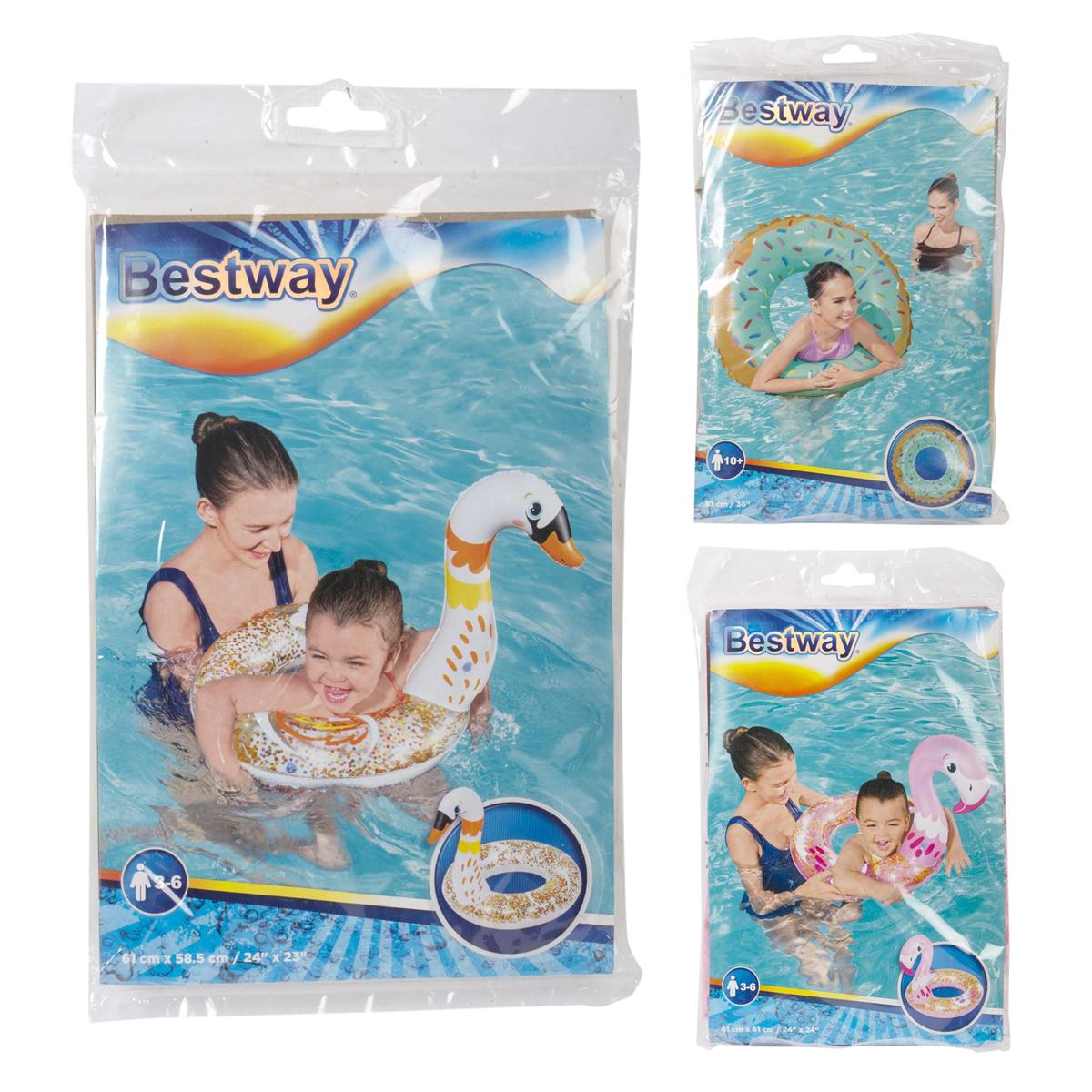 Inflatable Flamingo/Swan Design Swim Ring, 2asst., polybag w/insert