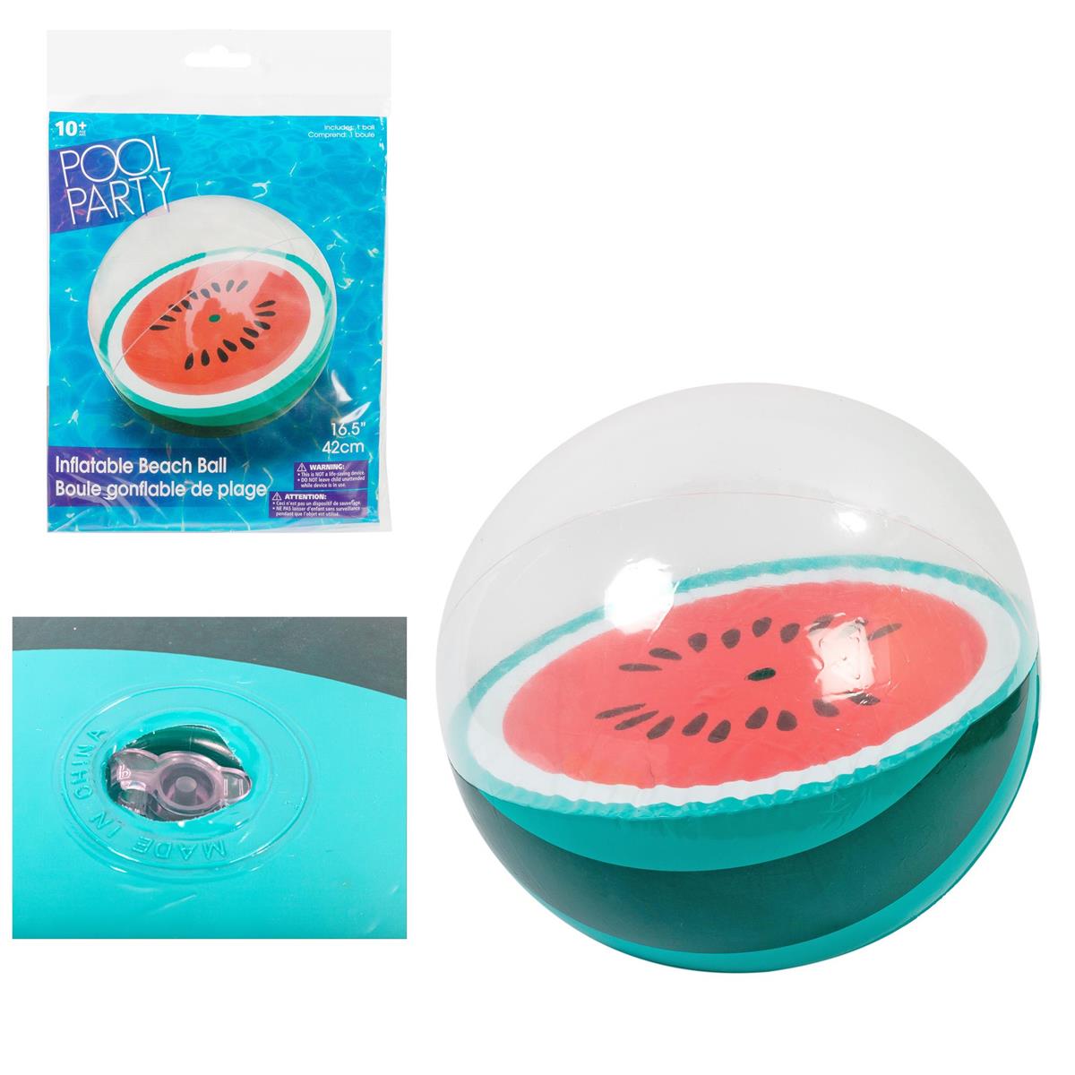 Pool Party 16.5"Dia. Inflatable 3D Watermelon Beach Ball, bag w/insert