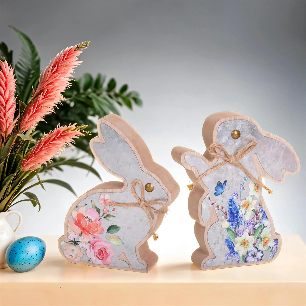 Easter 5.9" MDF Rabbit w/ Aluminum Tabletop Decor,2asst.,upc