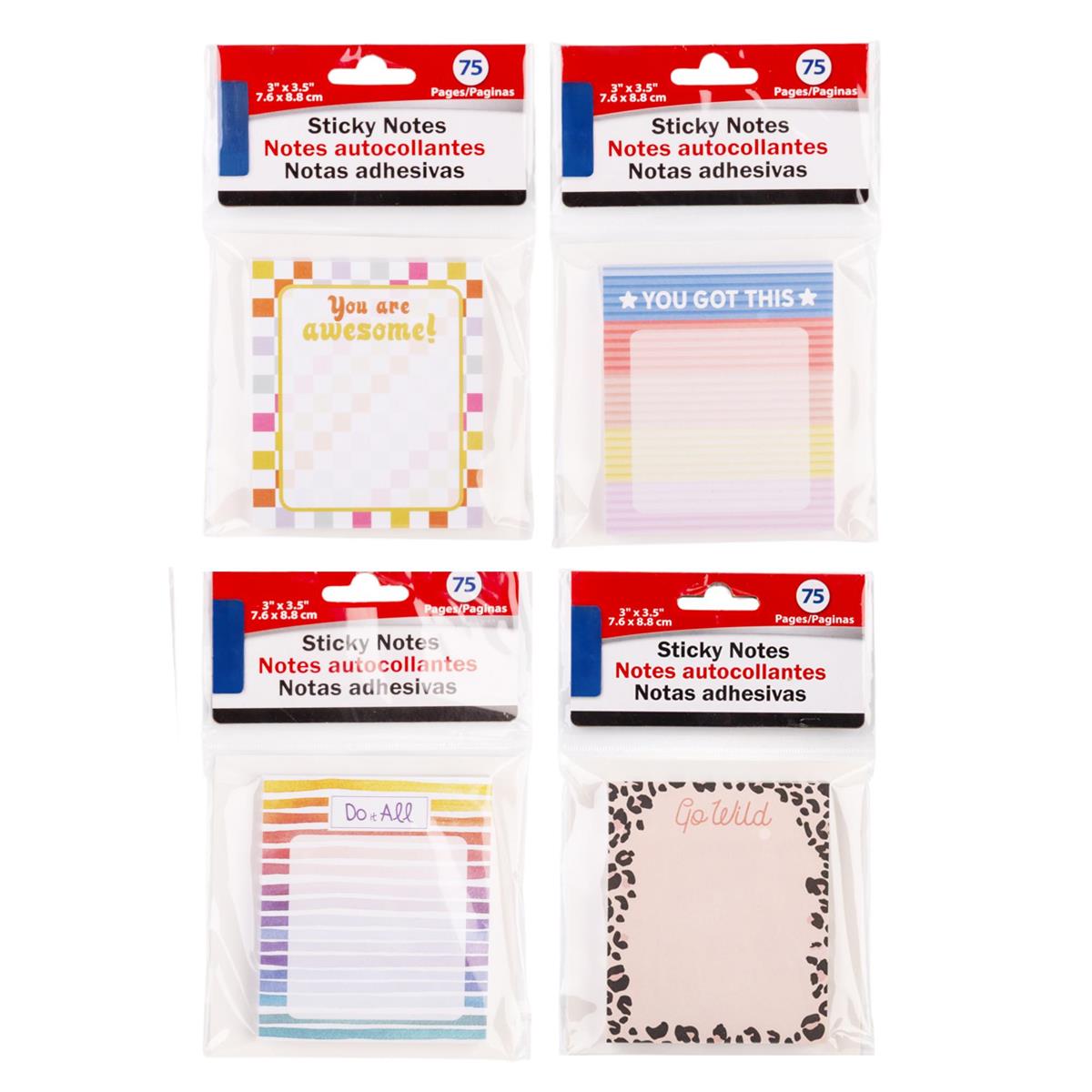O.WKs. 75 Sheets Sticky Notes, 3" x 3.5", 4 styles