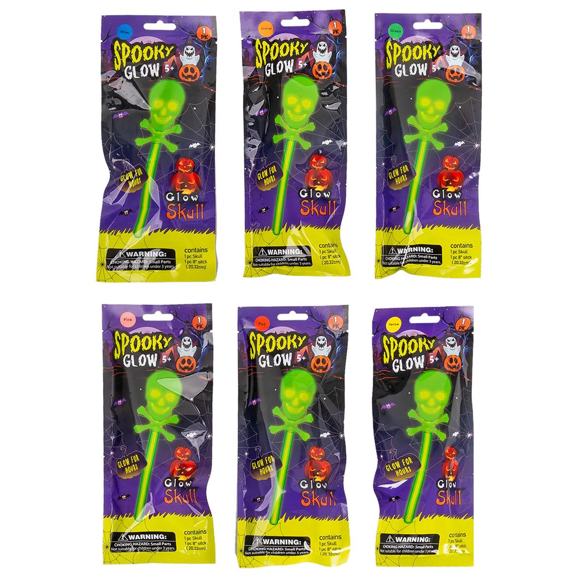 Neon Glo Glow Stick Skull Wand, 8", 6 Colors, Printed Bag