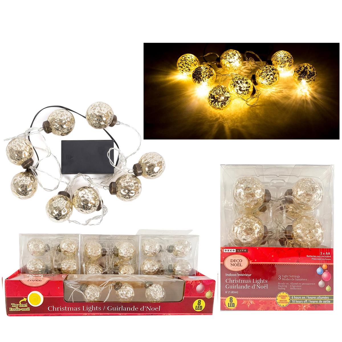 Deco L. 8 LED B/O 6' Gold Mercury String Lights, 3 Mode, Timer, 9/dsp
