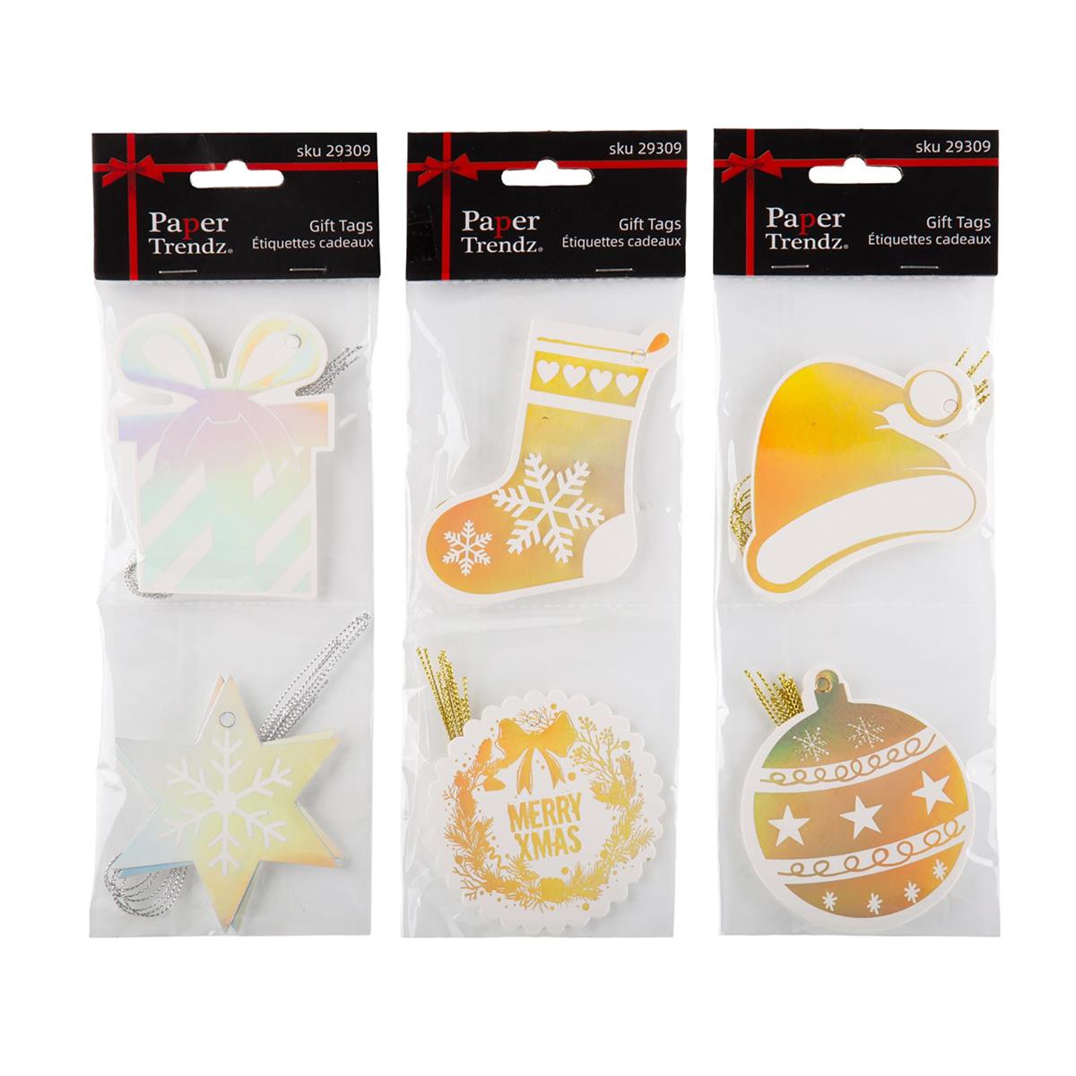 Paper T. Xmas 12pk Gift Tags, 6/s, Hot Stamp, opp bag, 210gsm