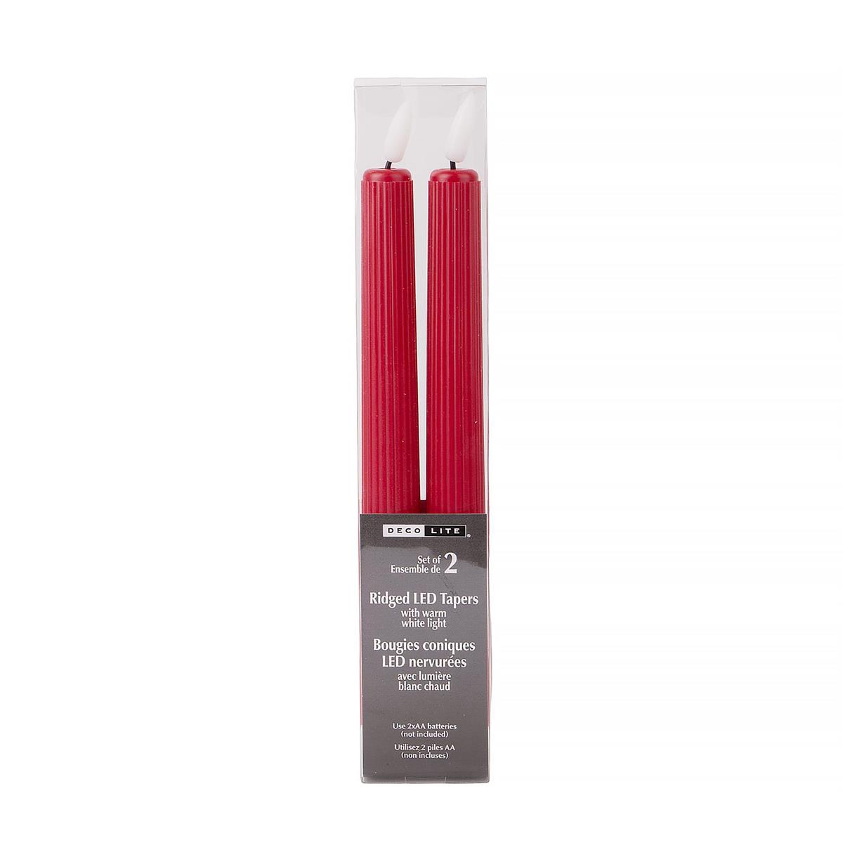 Deco L. Set/2 Ridged LED Tapers, Red, 9.85"H,Warm White