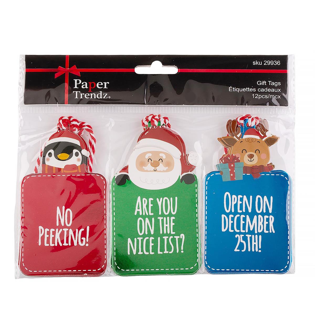 Paper T. Xmas 12pk Gift Tags, Foil, w/Cotton String, opp bag