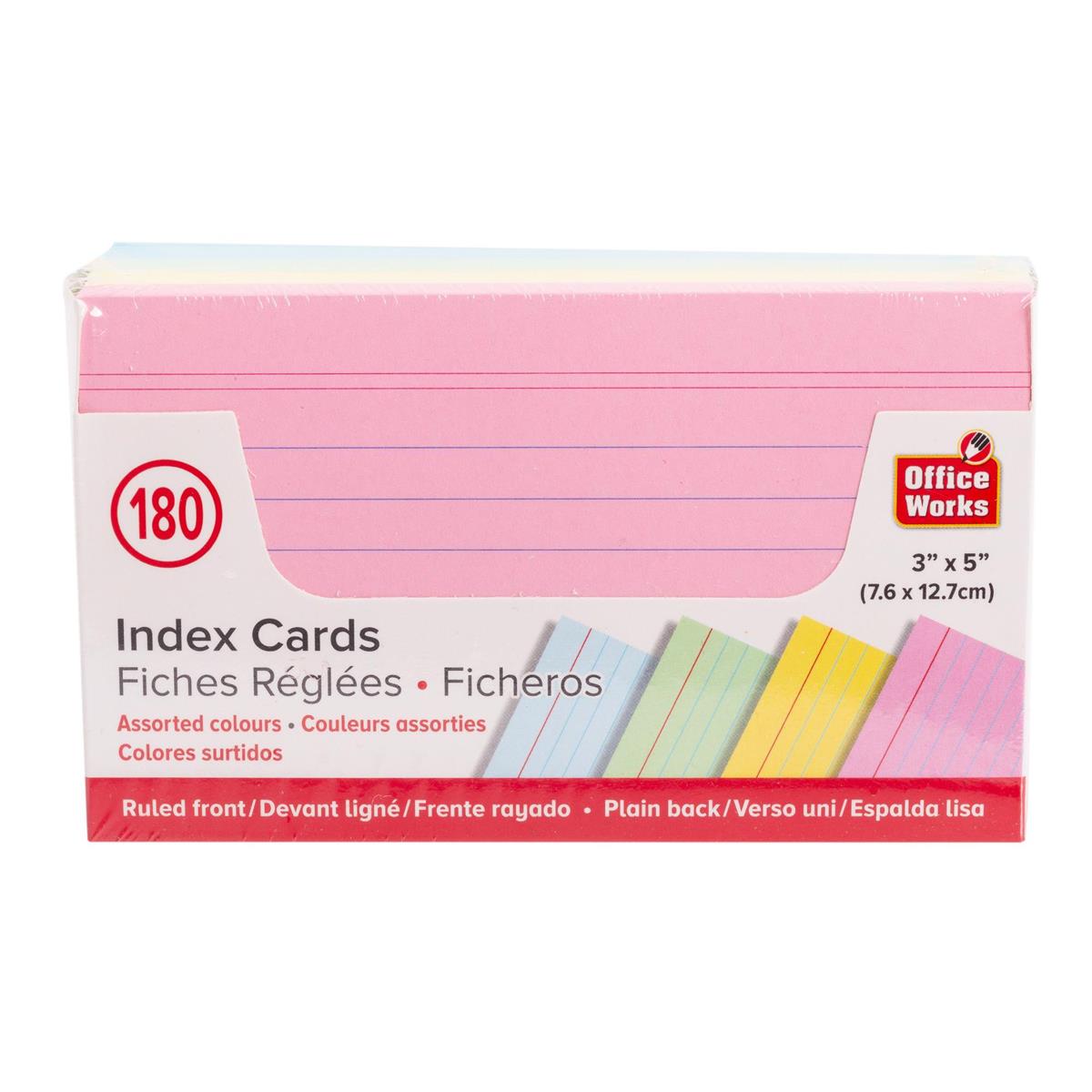 O.WKs. 3x5" 180-Pc Ruled Index Card Assorted Colours, colour box