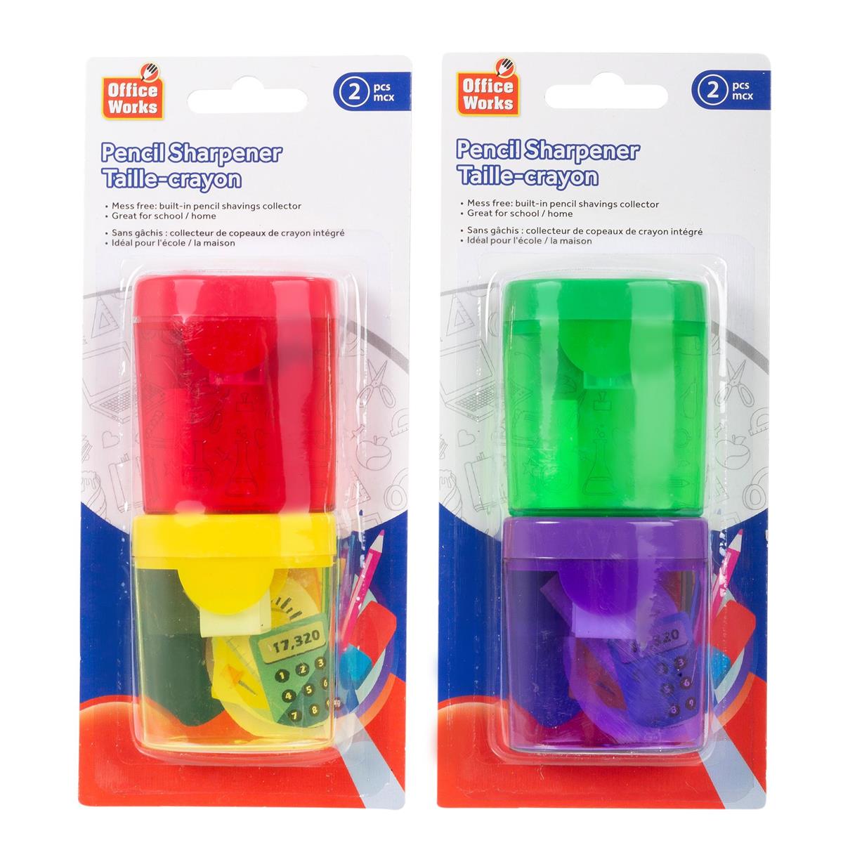O.WKs. 2pc Pencil Sharpeners 2 colors, Blister card