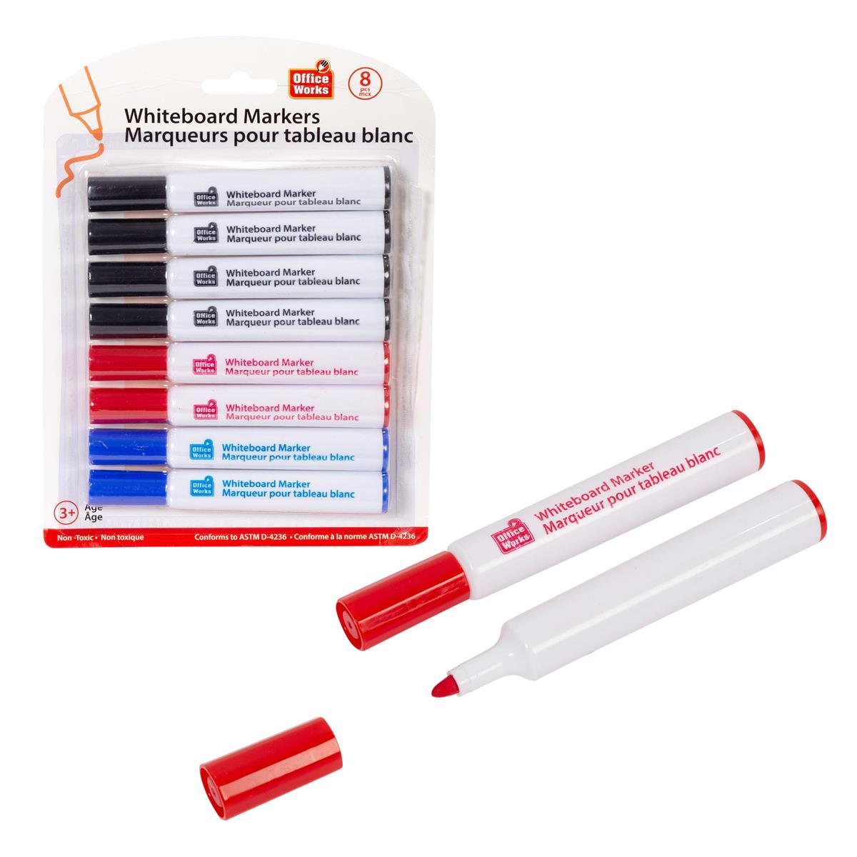 O.WKs. 8-pc. White Board Marker, 3C, Red/Blue/Bk,