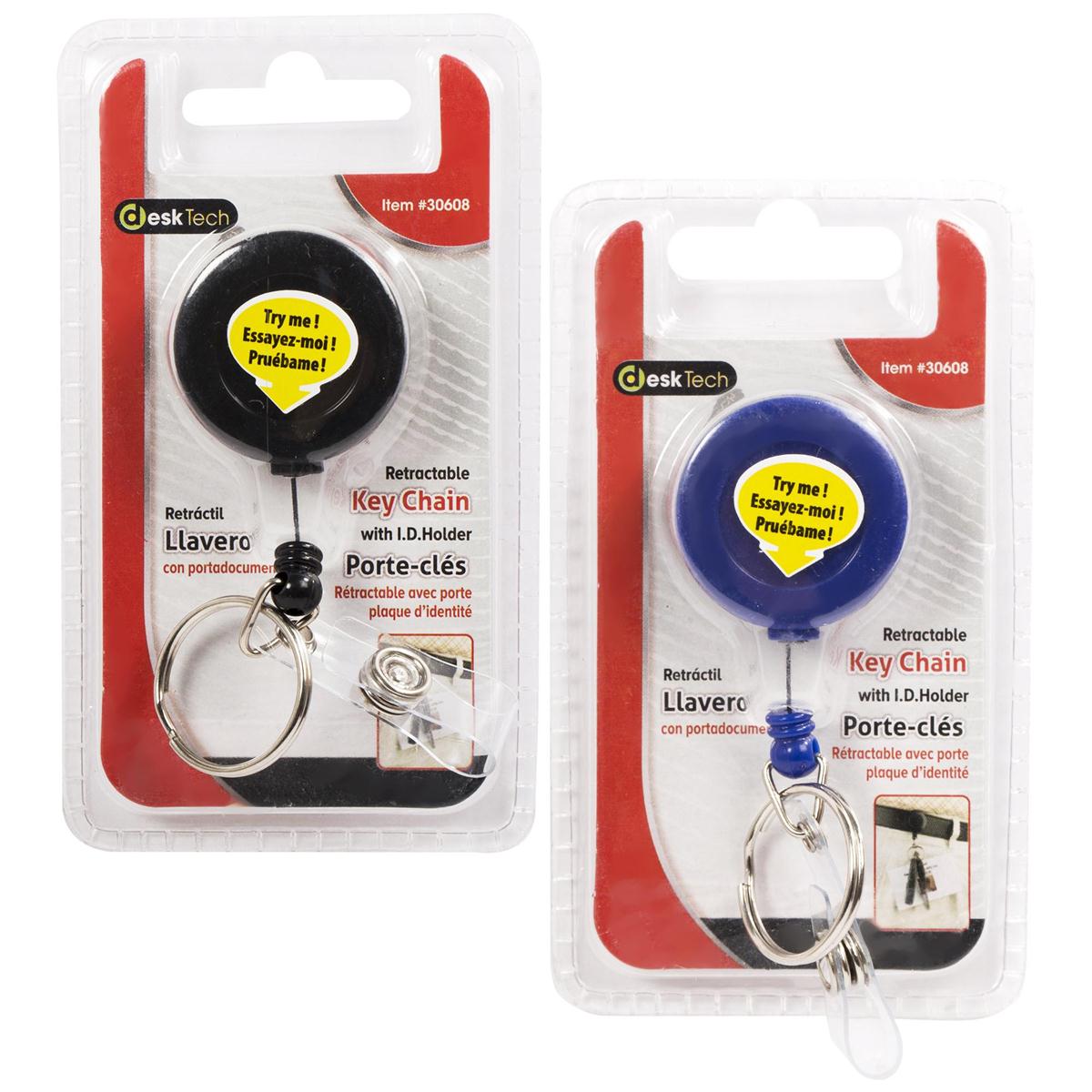 Desk Tech Key Chain w/ I.D. Holder, Retractable, 2 clr, clam shell
