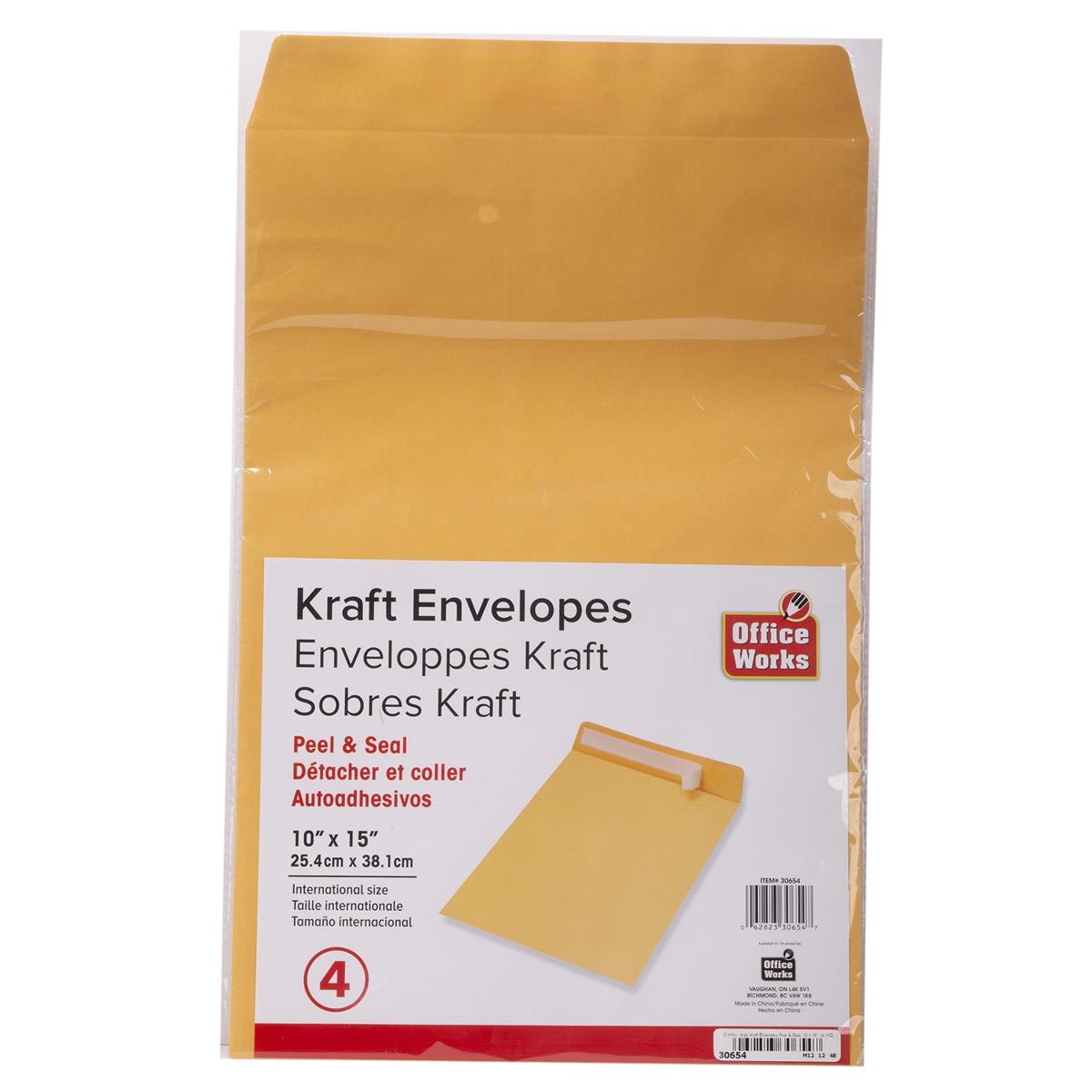 O.WKs. 4-pc Kraft Envelopes, Peel & Seal, 10 x 15", lbl