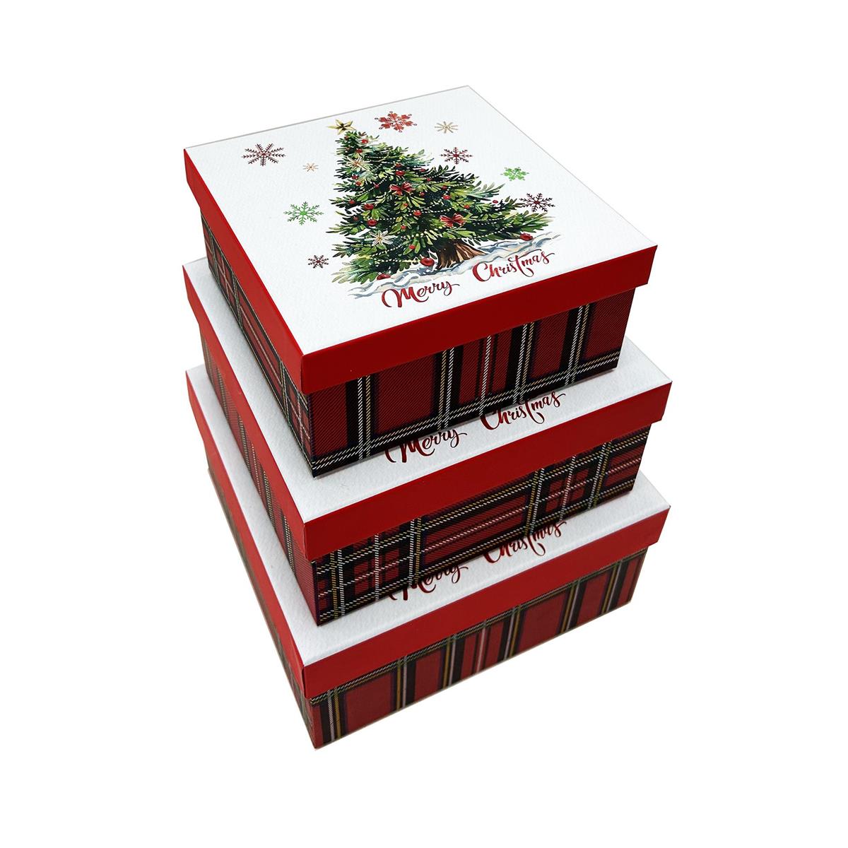 Paper T. Xmas Set/3 Square Gift Boxes, Tree w/Plaid, L: 7.87"x7.87"x3 ...