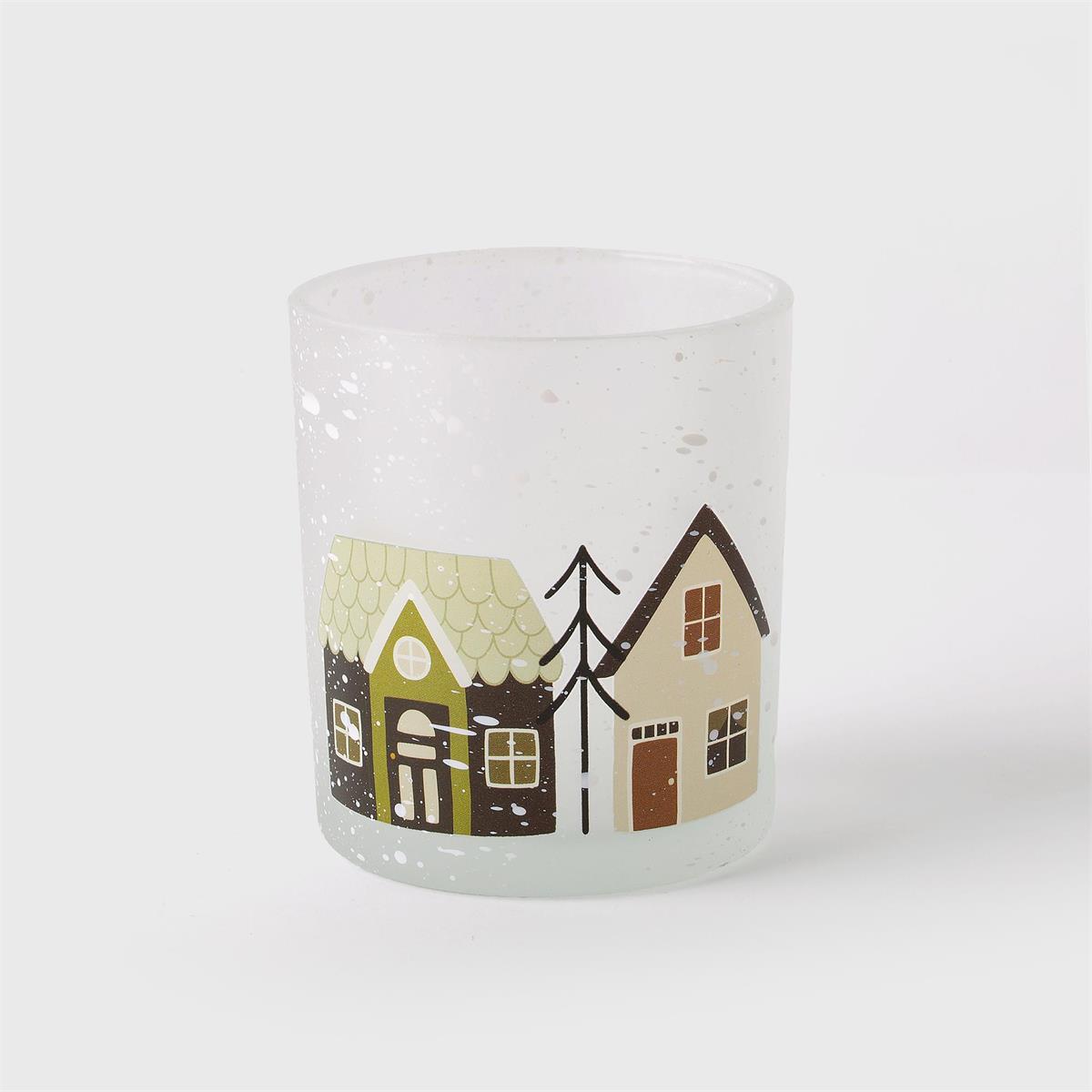 Deco Noel Glass Xmas Village Tealight Holder, 3.15"H, 100% Glass