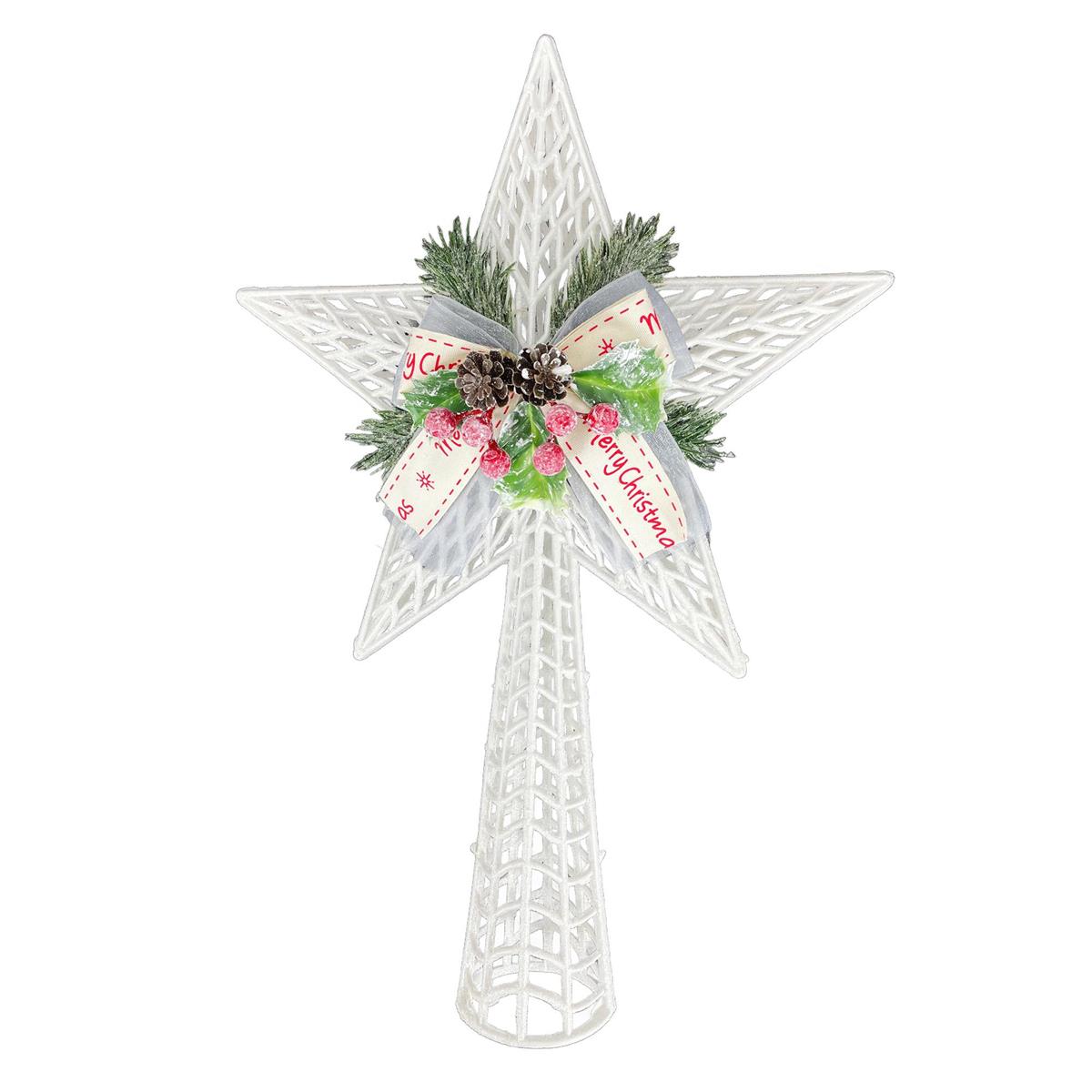 Deco N Christmas White Star Tree Topper W/Mini Pinecone & Ribbon Decor ...