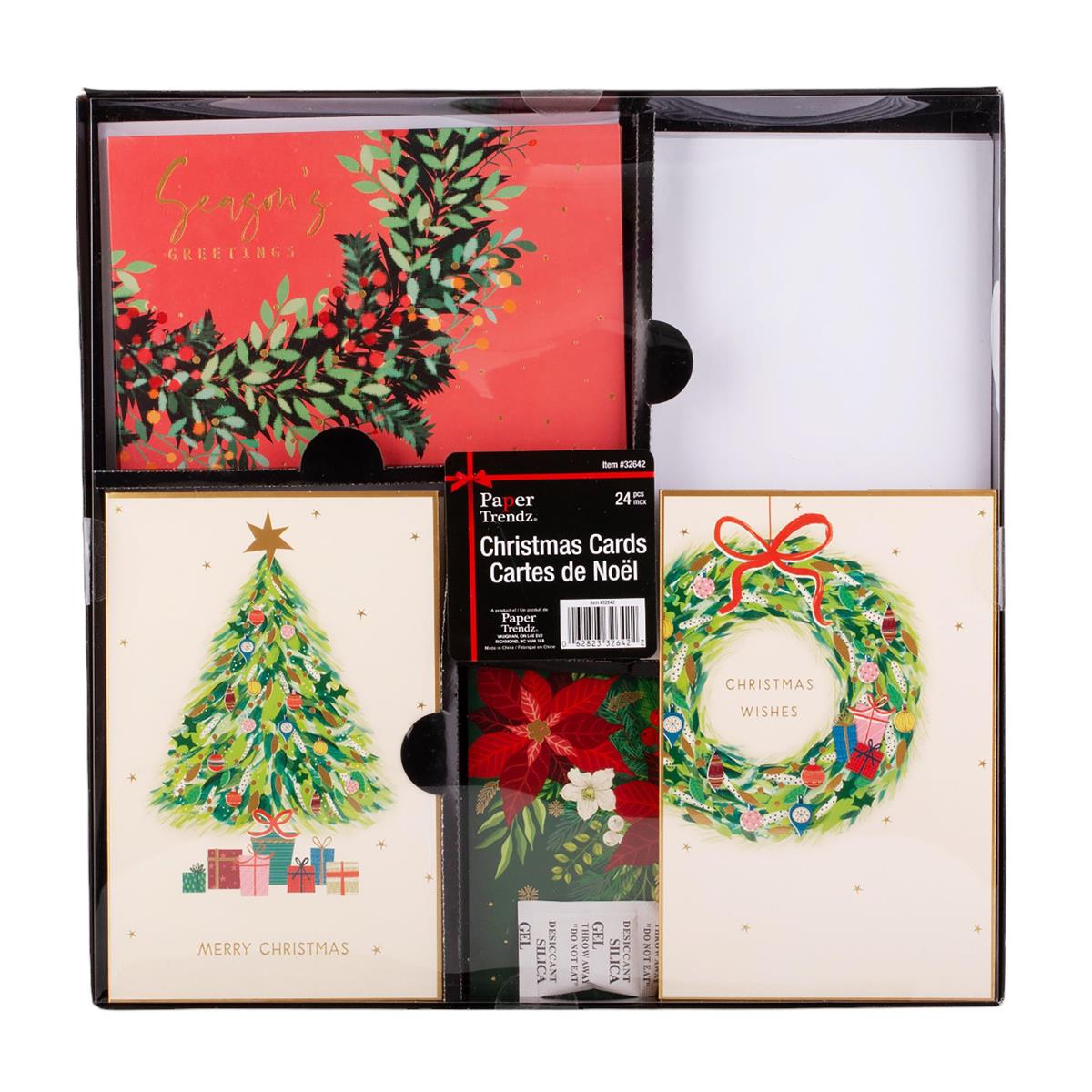 Paper T. 24pc Xmas Cards, 4-Asst , 2/s, Foil/Glitter, window box