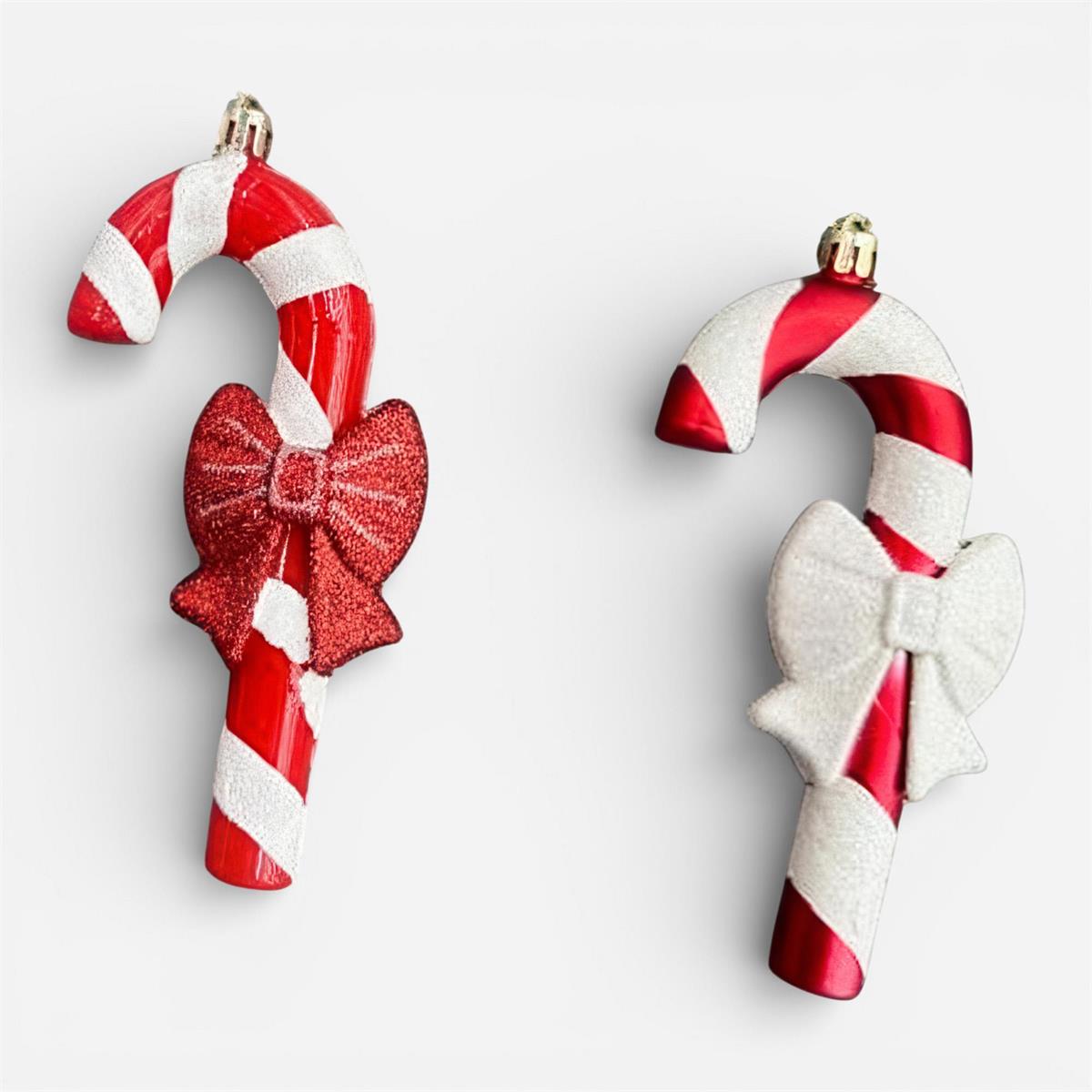 Deco N.Plstc. Candy Cane w/Bow Ornament, 2 Asst, 5.11", CHT