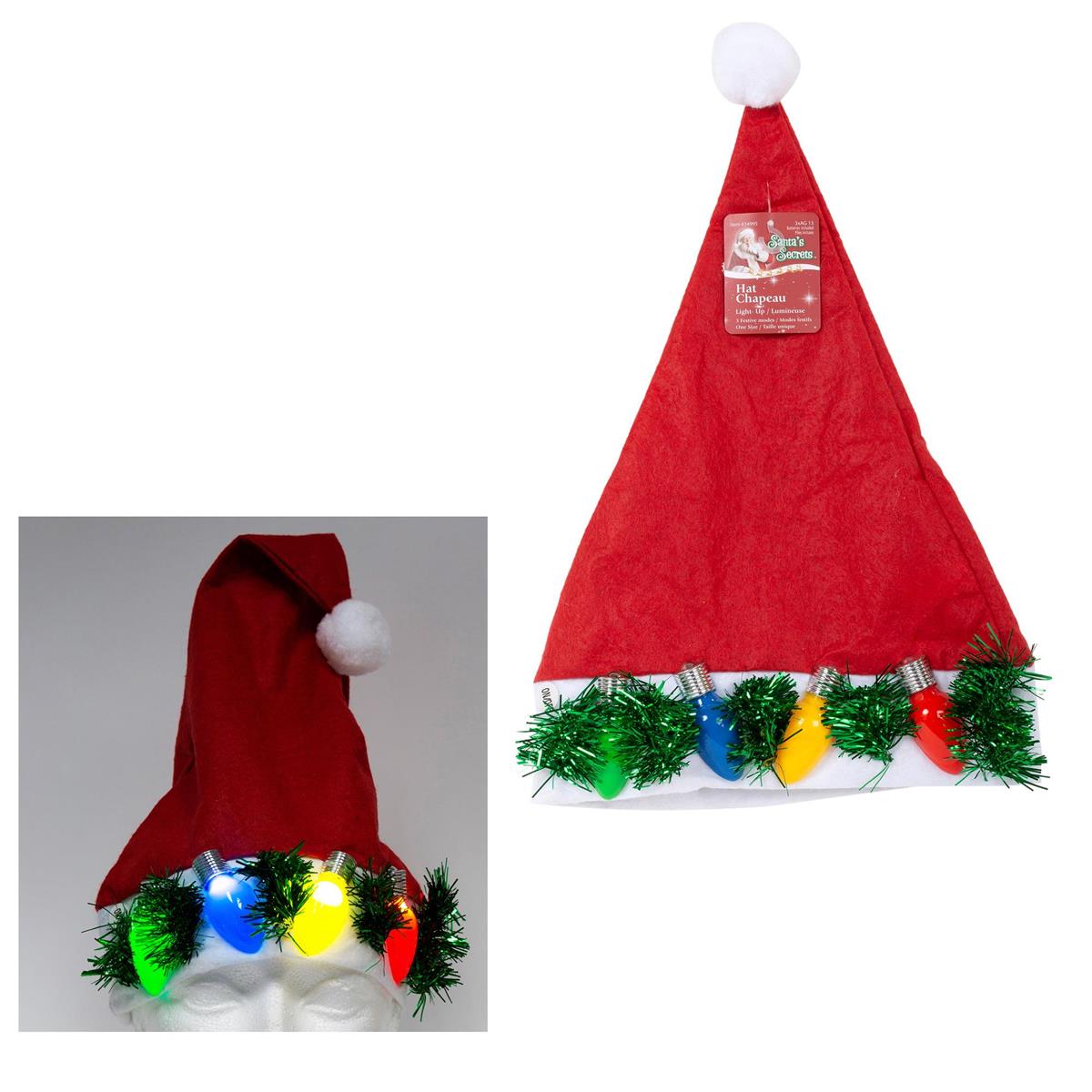 S.Secrets 4xLED Light-Up Xmas Santa Hat w/Bulbs & Tinsel, cht