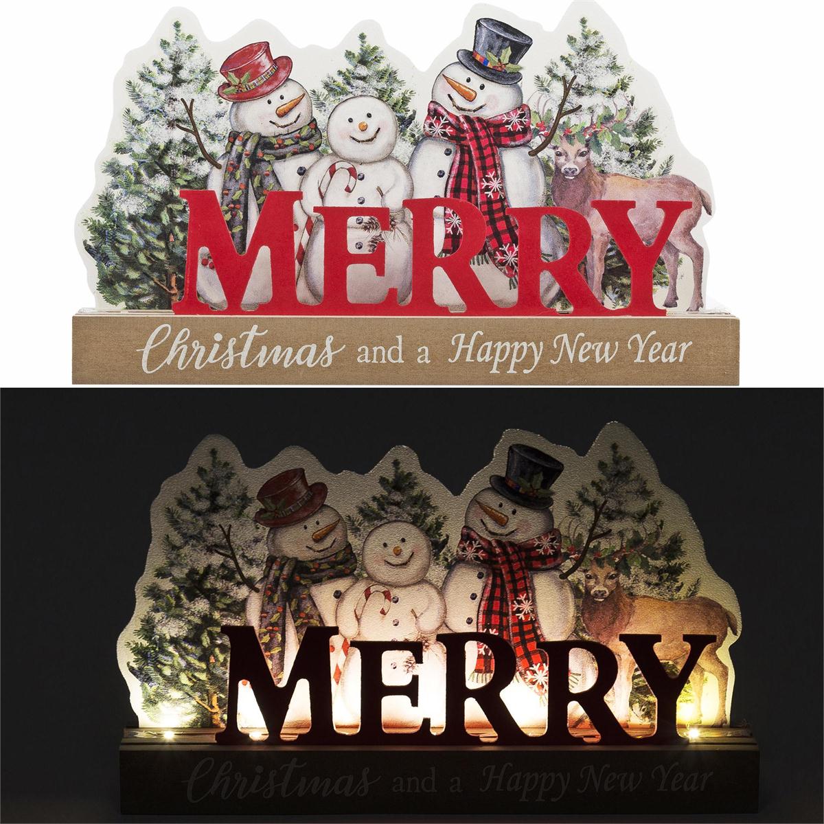 Deco N. Light-Up "Merry" Snowman Table Decor w/LED,9.5*5.5" upc