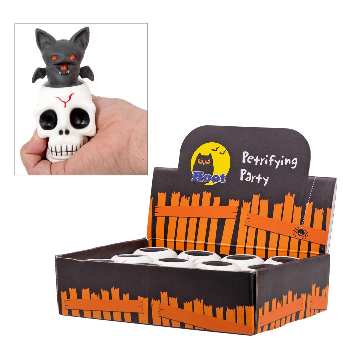 Hoot Hween 2" Squeeze Ball, Skull , w/ Bat Pop-out, 12/PDQ, cht
