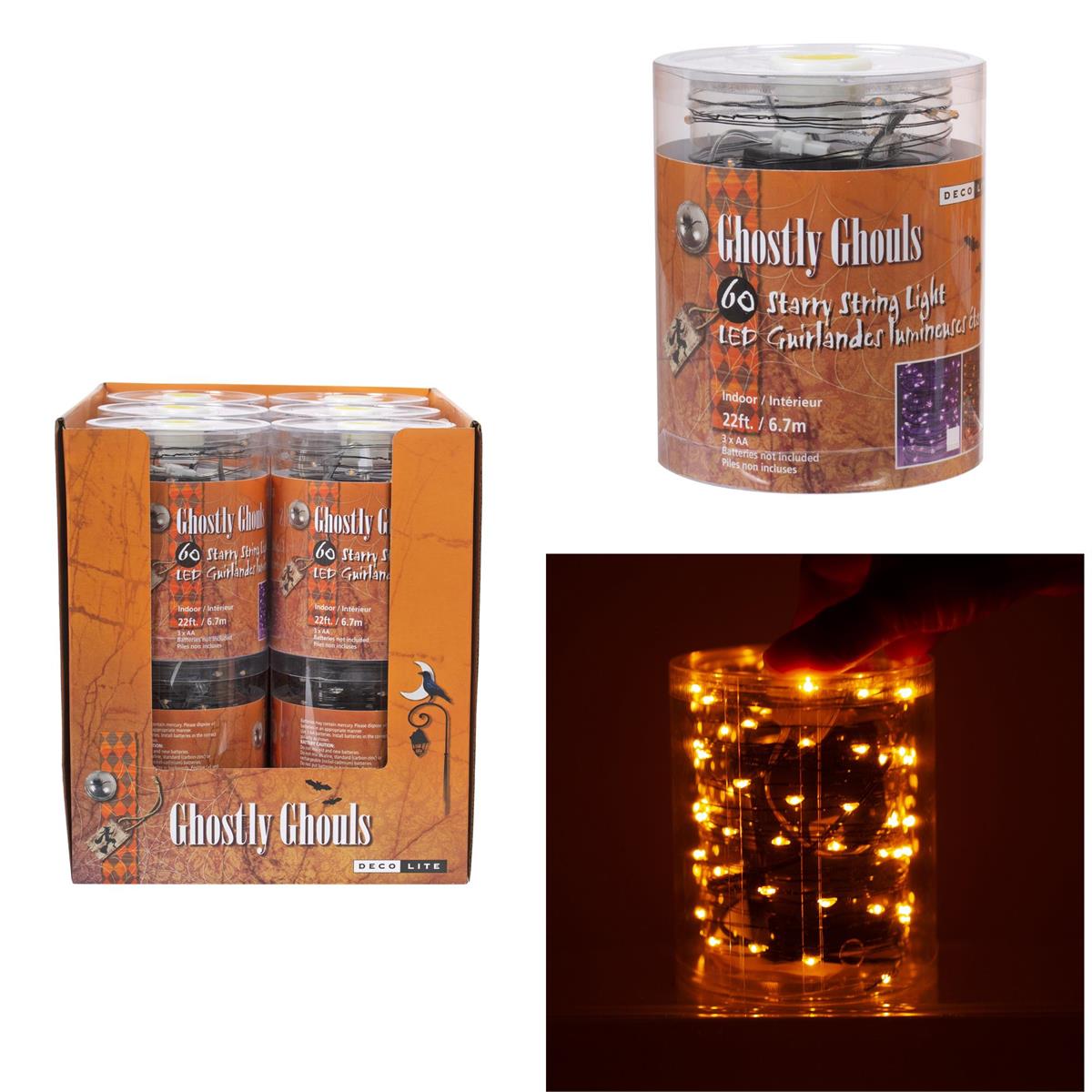 G.Ghouls 22' B/O 60 LED String Lights-Orange, w/try me,12/PDQ