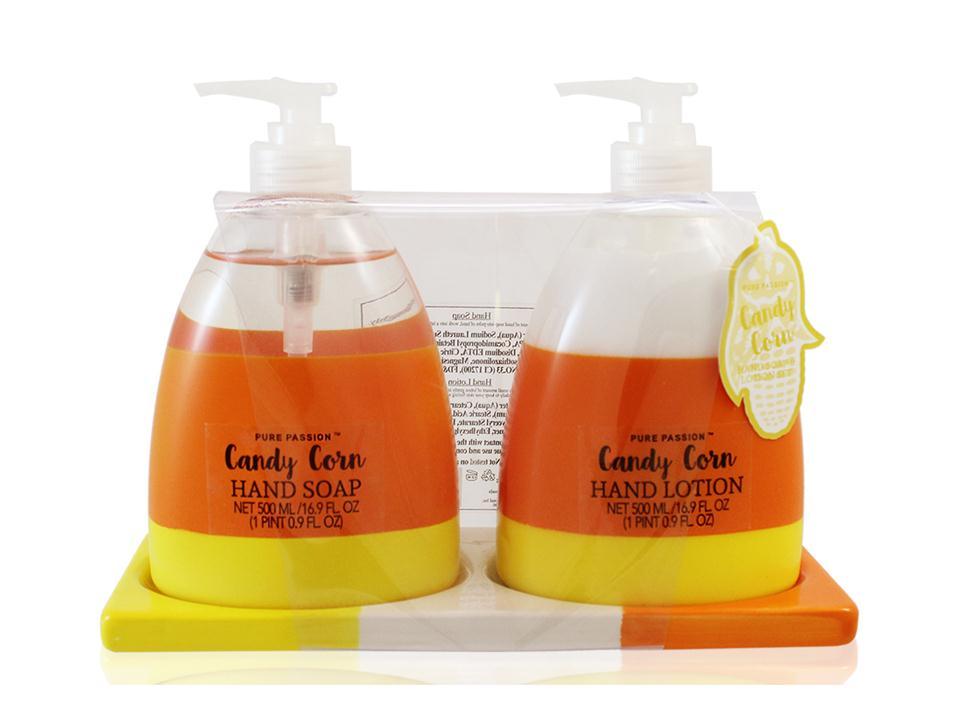 Harvest 2pcs 500ml Candy Corn Hand Soap+Lotion Set w/Ceramic Tray, tag