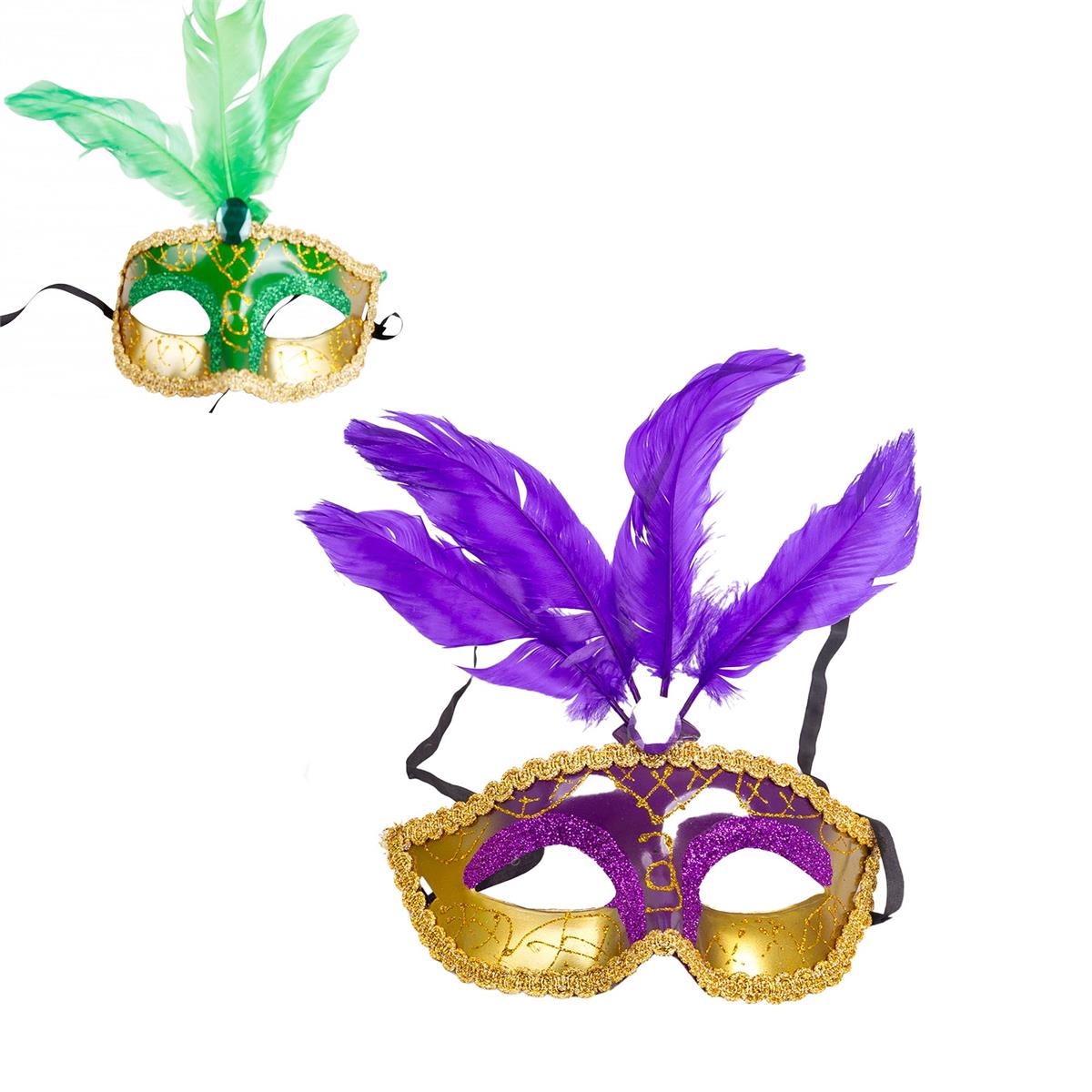 Party Gear Eye Mask w/Feather 2/C Purple, Green 2/C one size PBH