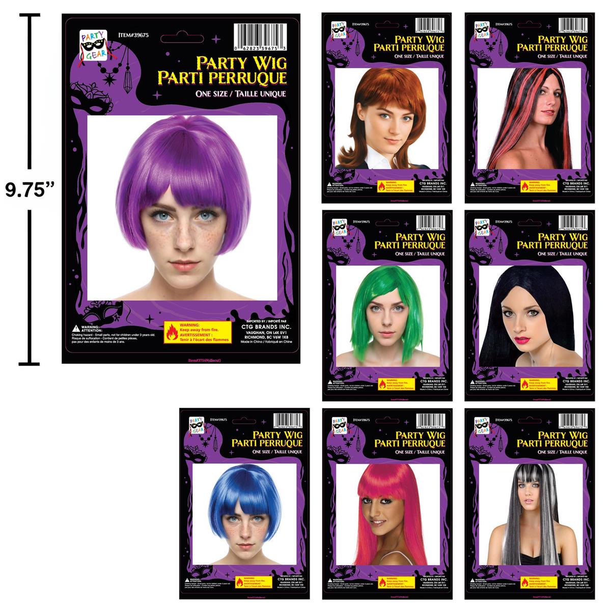 Party Gear Adult Wig, 8asst. styles , One Size, insert card w/polybag