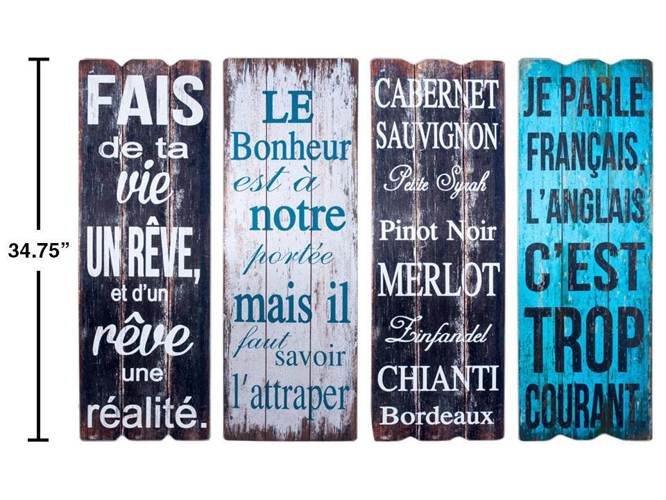 Text Wall Art (FRENCH), MDF, 11.75"x35.5", 4asst., shrink wrap
