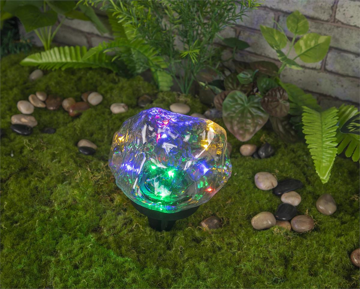 Solar Ice Block LED Light w/ Spike 10 Multi-Color LED, Clear, Col. Box