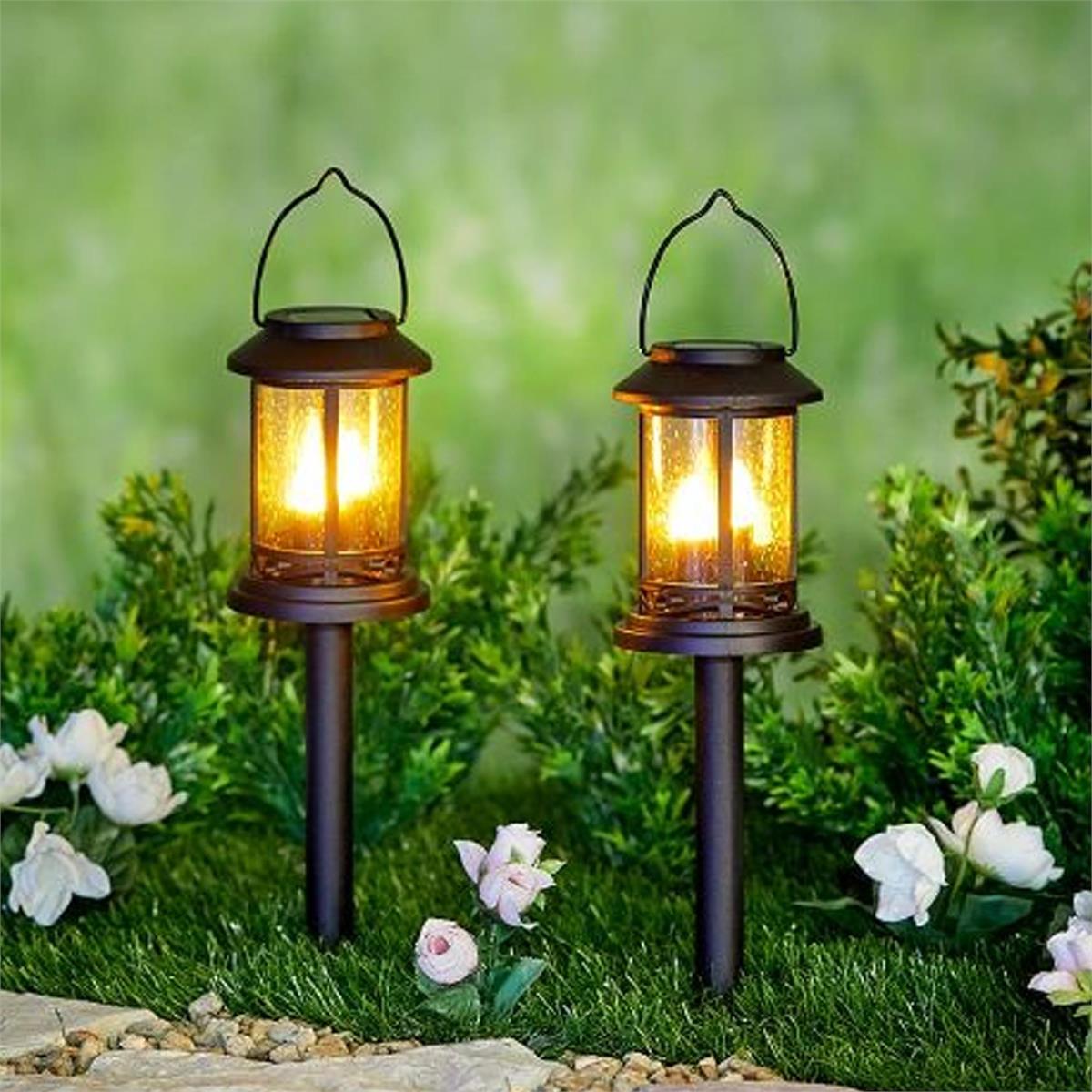 Solar 5.5"x15.8" Stake Light, Lantern, 3 Flickering LED, HT