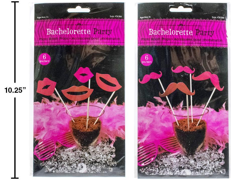 Bachelorette 6pc Pink Lips/Moustach Photo Prop, 2 asst, opp+insert