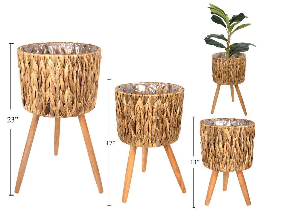 Set/3, Planters w/ Plastic Lining + Wood Legs, Natural, hyacinth