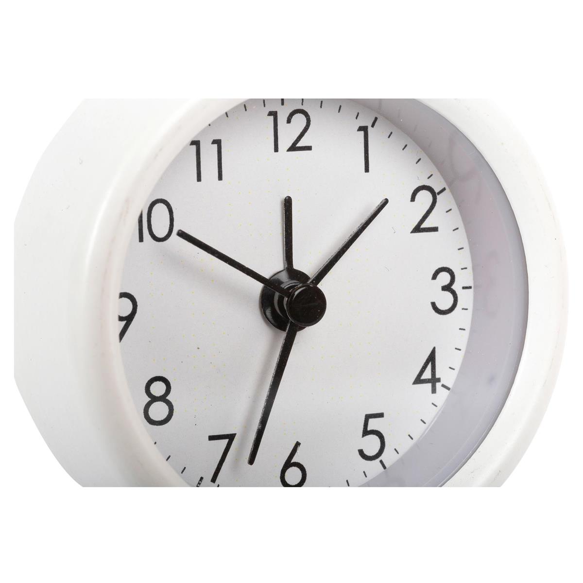 Round Alarm Clock on Stand, White, w/batt, metal, White box
