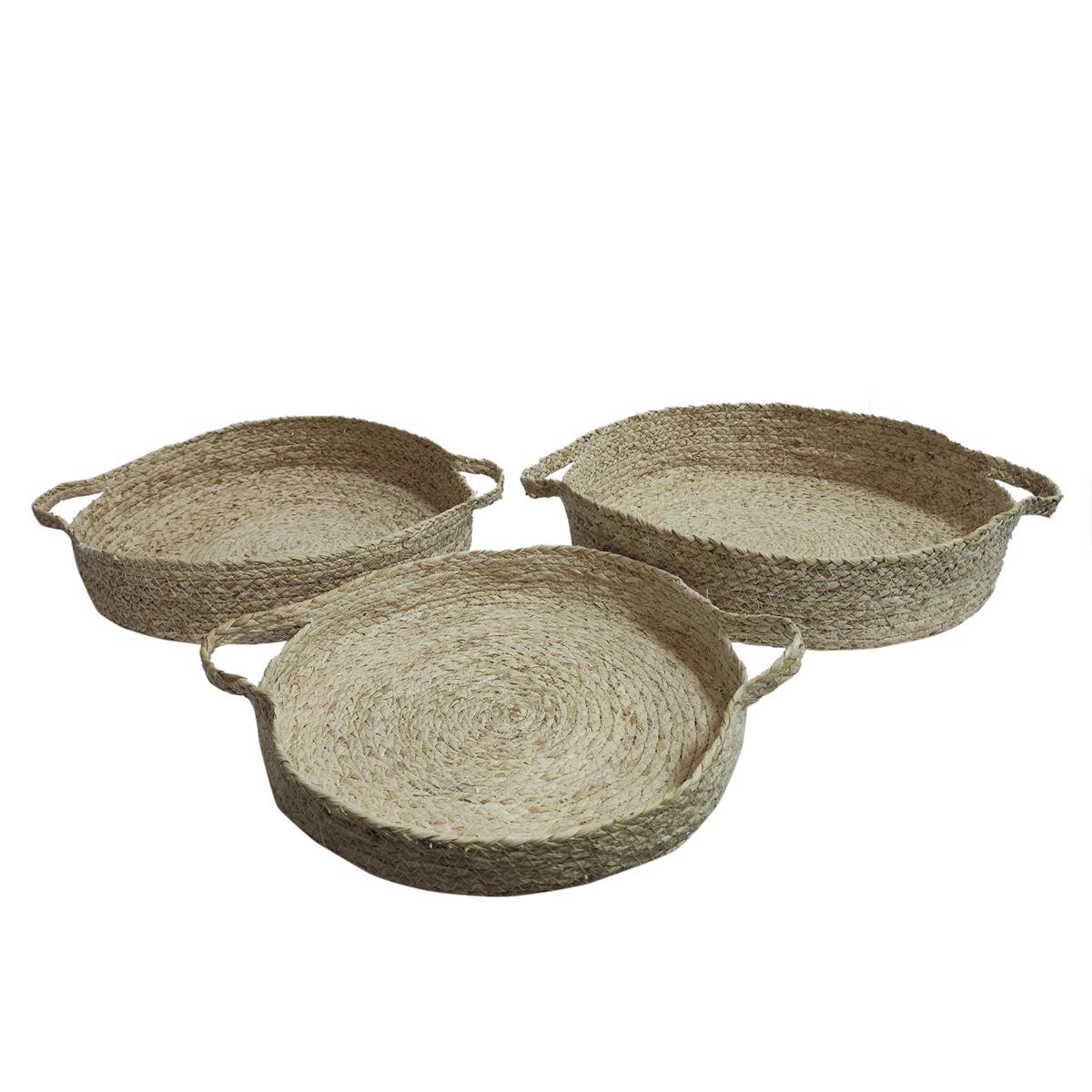 Set of 3 Woven Grass Tray Baskets, 16"D/14"D/12.5"D