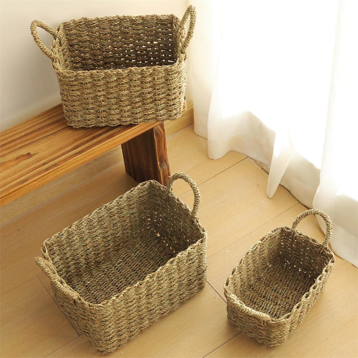 Set/3 Storage Baskets w/Handles, Natural Grass